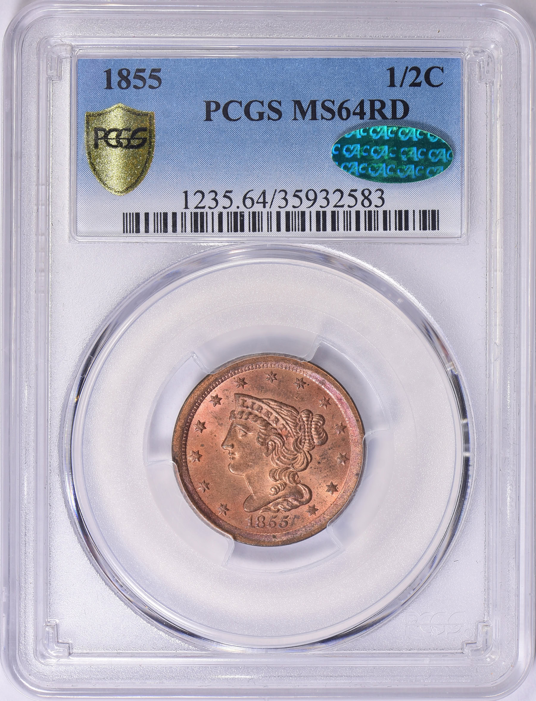 1855 Braided Hair Half Cent PCGS MS-64 RD (CAC Green) (Item 1715631) | GreatCollections Coin ...