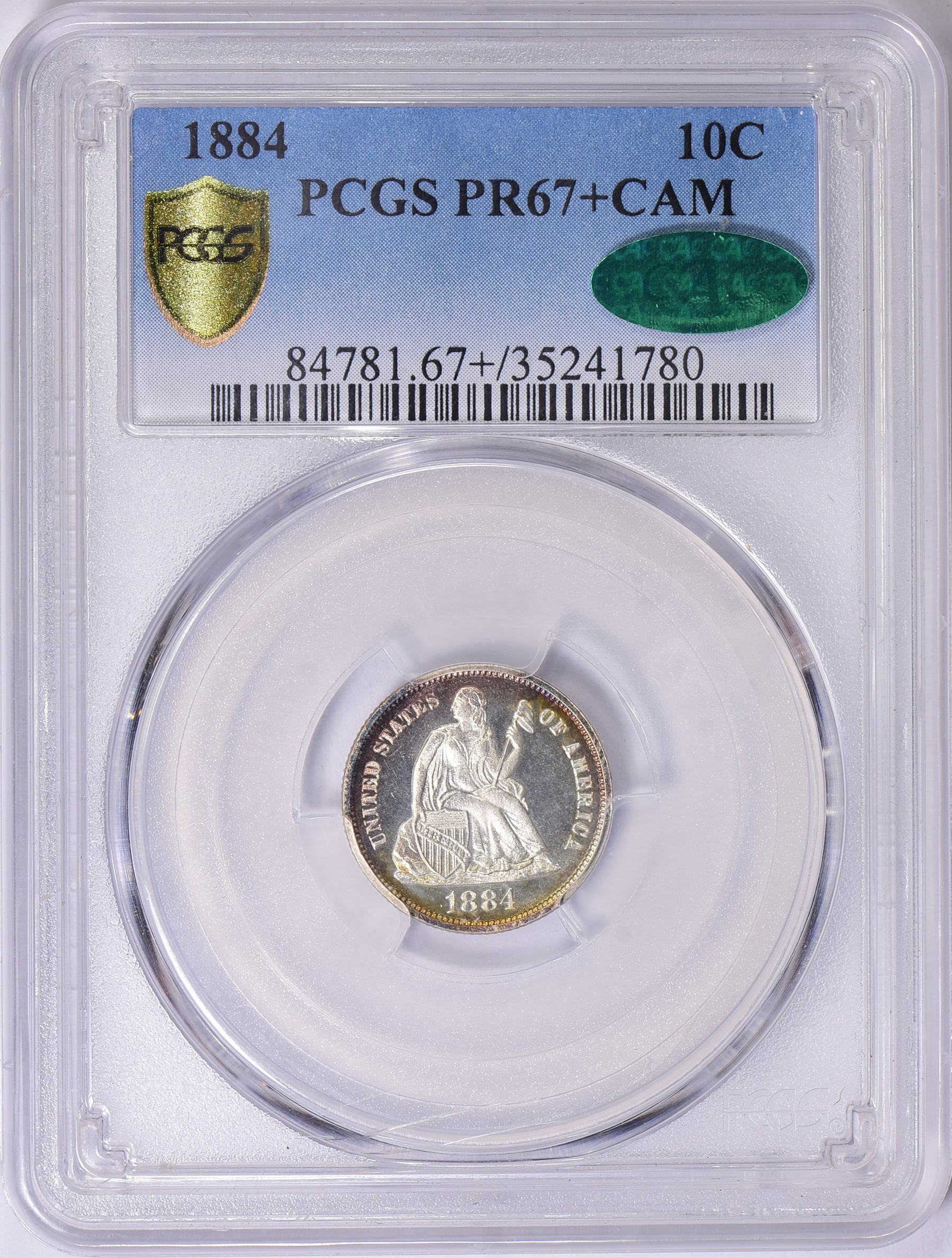 1884 Seated Liberty Dime PCGS Proof-67+ CAMEO (CAC Green) (Toned) (Item 1715634 ...
