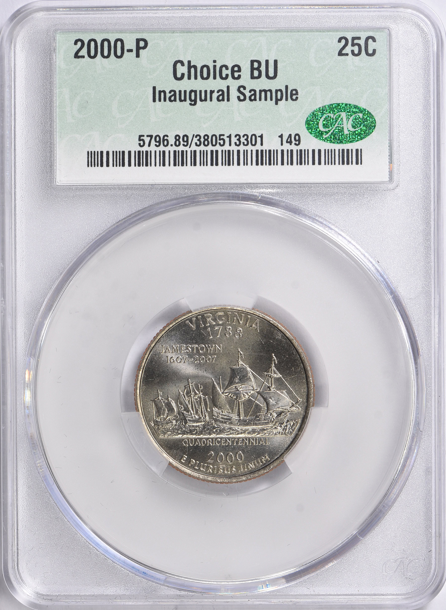 2000-P State Quarter Virginia CACG Choice BU (Inaugural Sample Slab ...