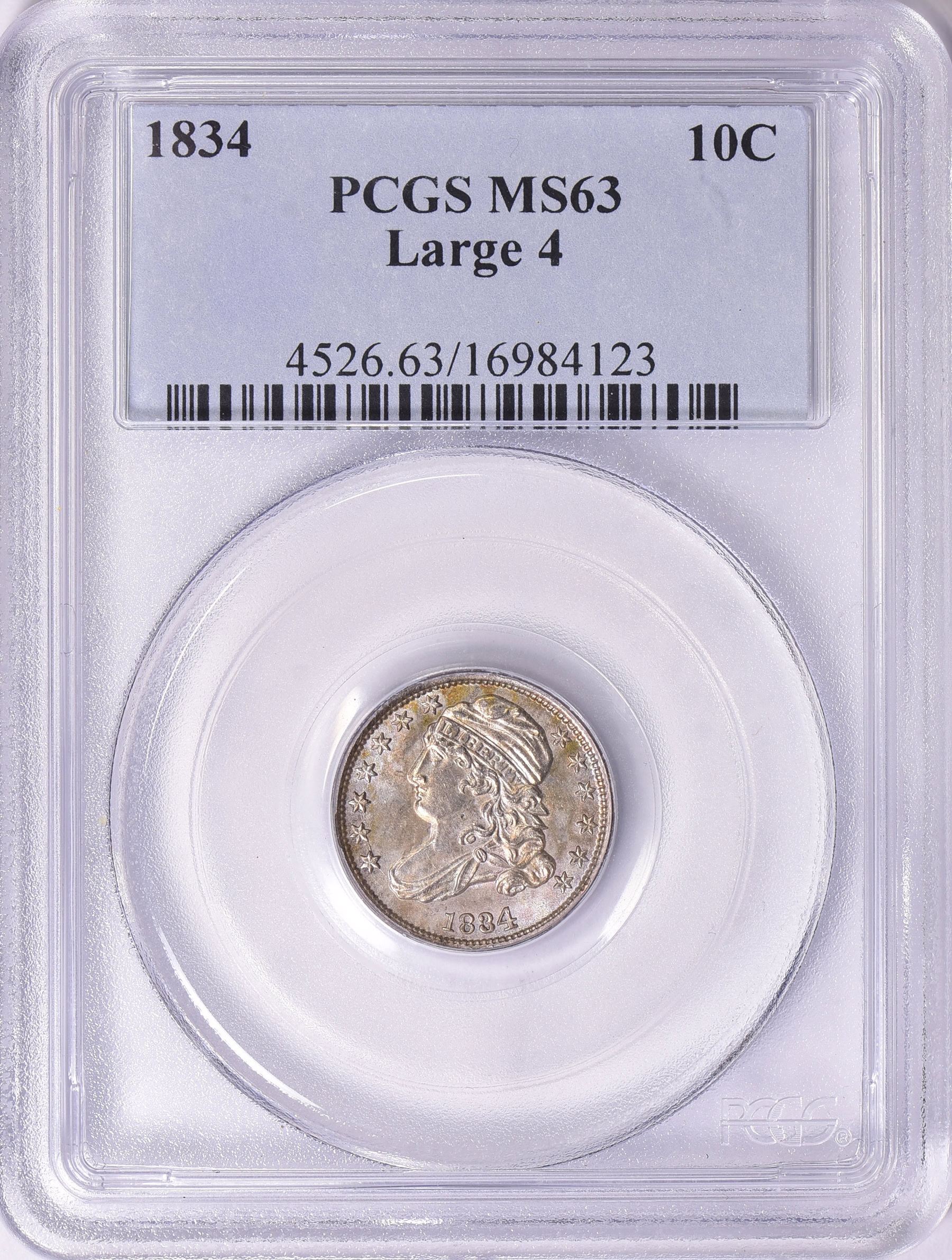 1834 Capped Bust Dime Large 4 PCGS MS-63 (Toned) (Item 1715833) | GreatCollections Coin Auctions