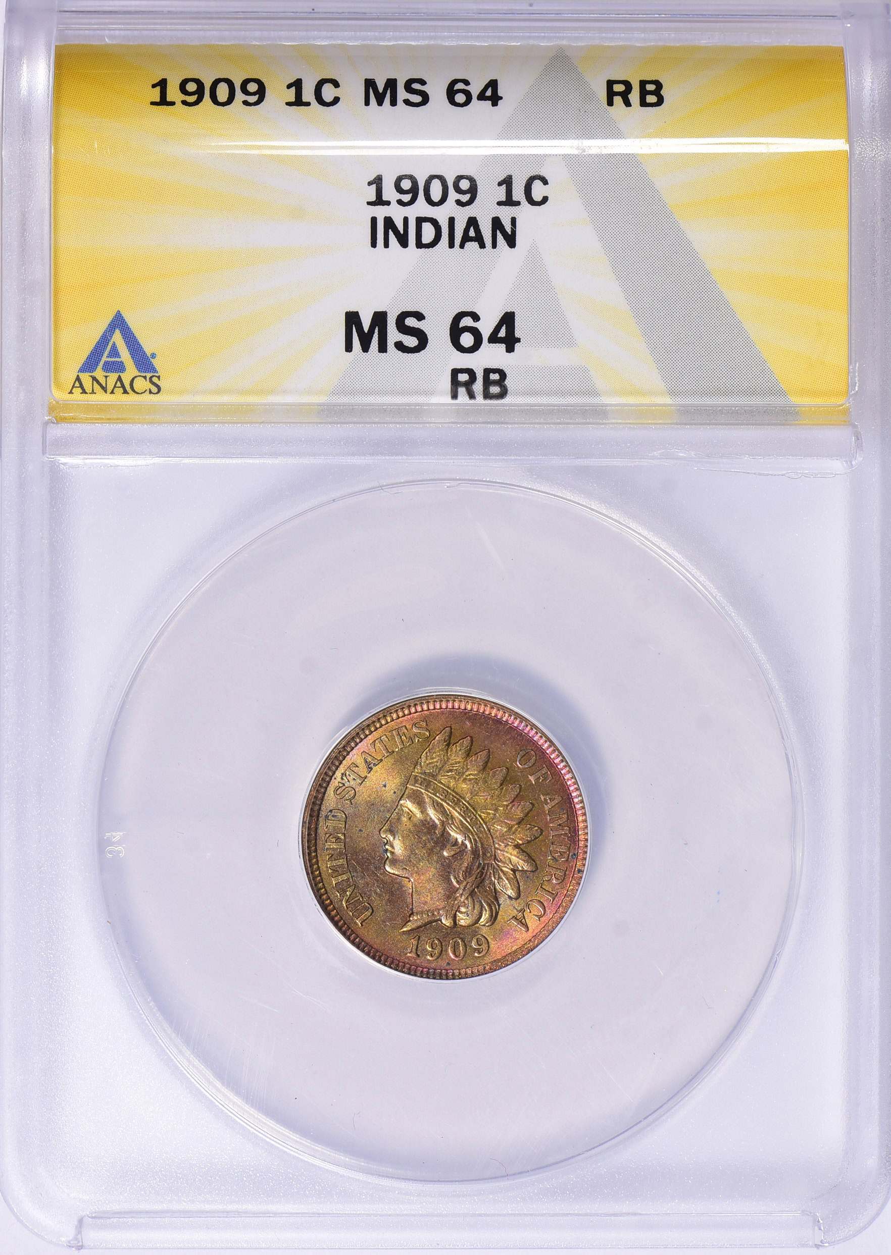 1909 Indian Cent ANACS MS-64 RB (Toned) (Item 1715855) | GreatCollections Coin Auctions