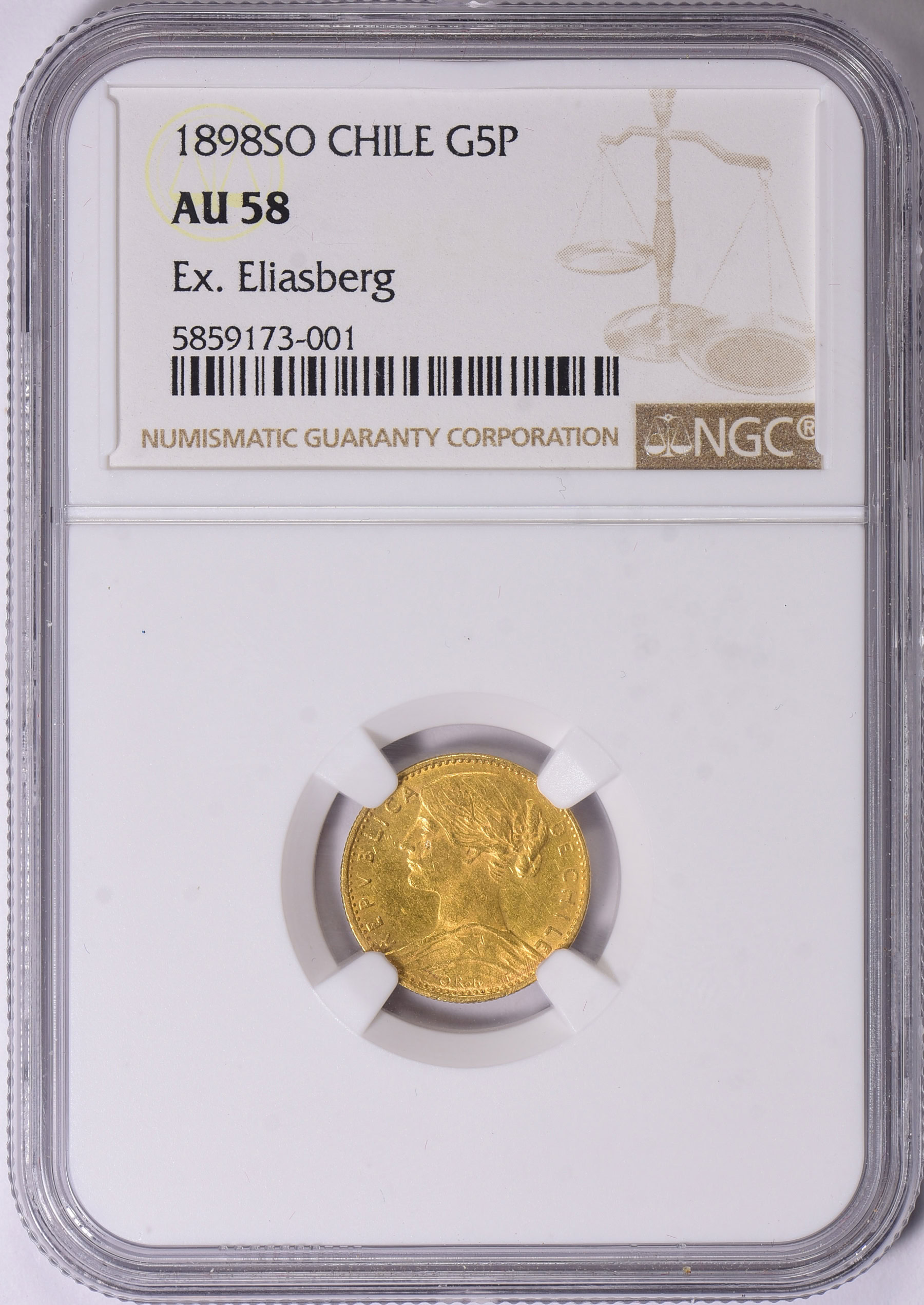 Chile 1898-So Gold 5 Pesos KM-159 NGC AU-58 (Ex: Eliasberg Collection ...