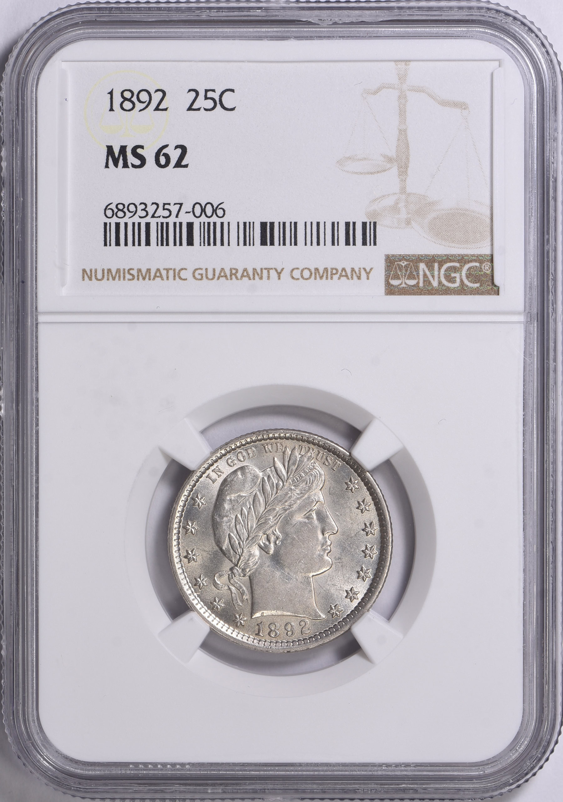 1892 Barber Quarter NGC MS-62 (Item 1716772) | GreatCollections Coin Auctions
