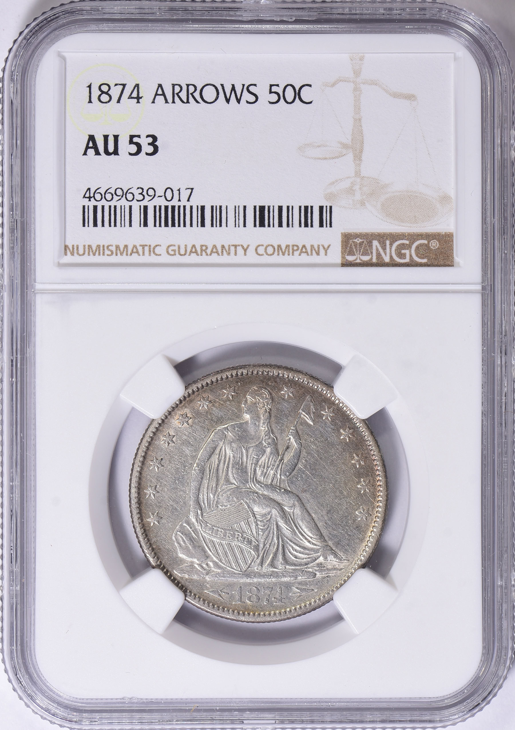 1874 Seated Liberty Half Dollar Arrows NGC AU-53 (Toned) (Item 1716919) | GreatCollections Coin ...