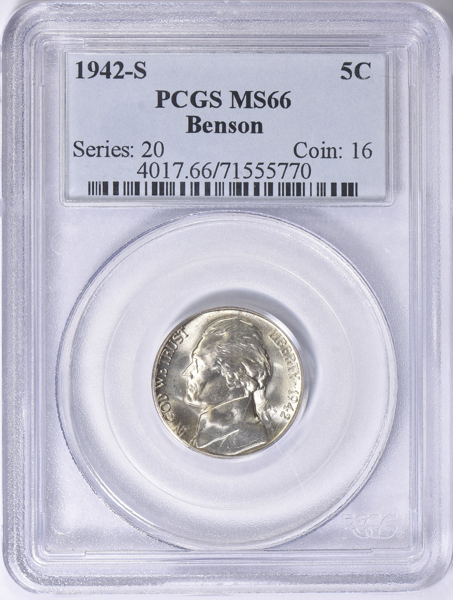 1942-S Jefferson Nickel PCGS MS-66 (Benson Collection) (Item 1716936) | GreatCollections Coin ...