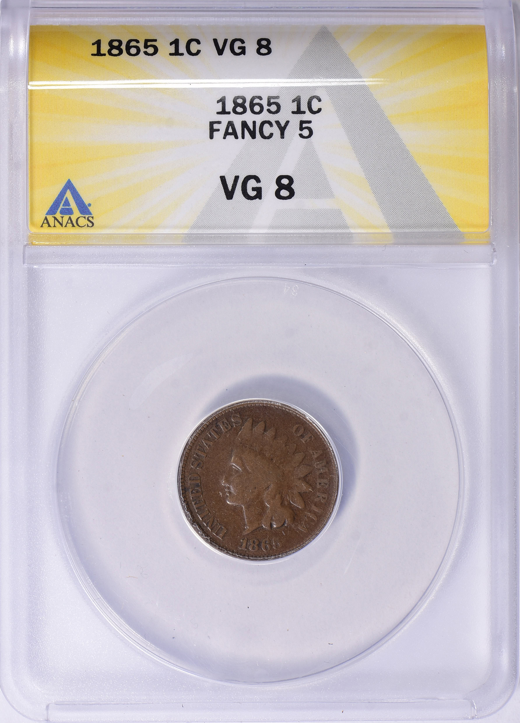 1865 Indian Cent Fancy 5 ANACS VG-08 BN (Item 1717033) | GreatCollections Coin Auctions