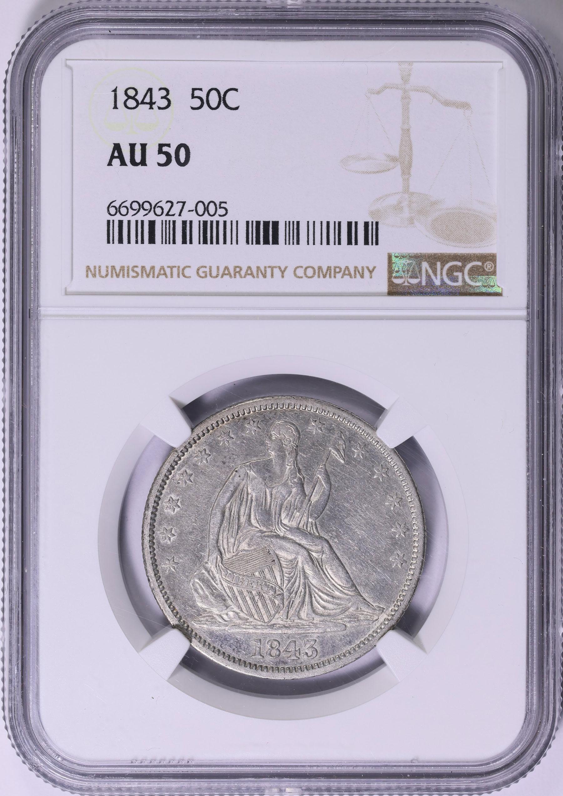1843 Seated Liberty Half Dollar NGC AU-50 (Item 1717063) | GreatCollections Coin Auctions