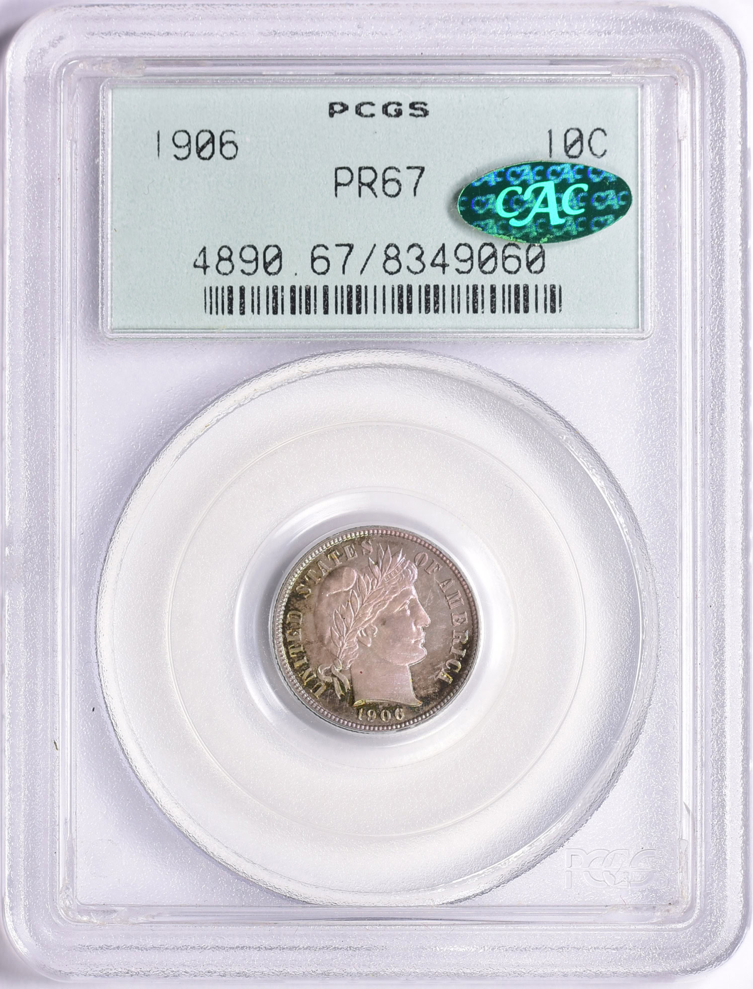 1906 Barber Dime PCGS Proof-67 (CAC Green) OGH (Toned) (Item 1717461 ...