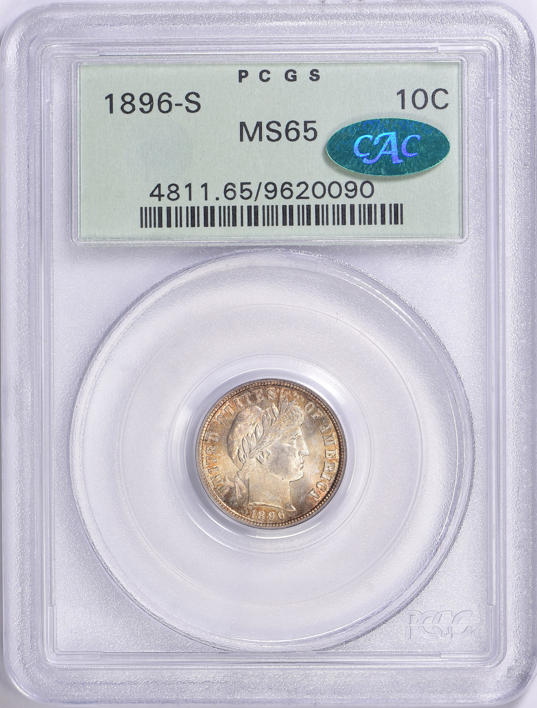 1896-S Barber Dime PCGS MS-65 (CAC Green) OGH (Item 1717472) | GreatCollections Coin Auctions