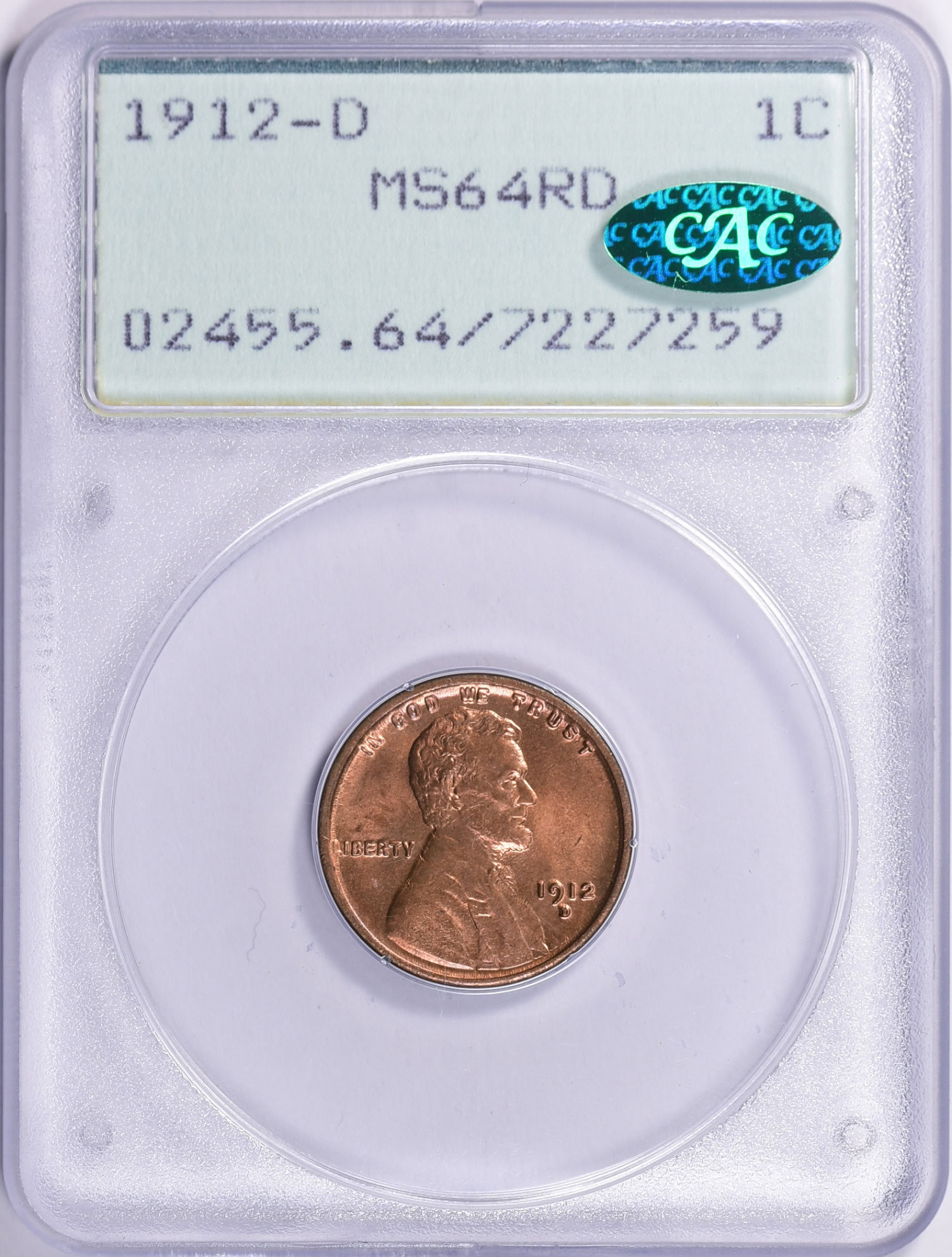 1912-D Lincoln Cent PCGS MS-64 RD (CAC Green) OGH (1st Gen) (Item 1717480) | GreatCollections ...