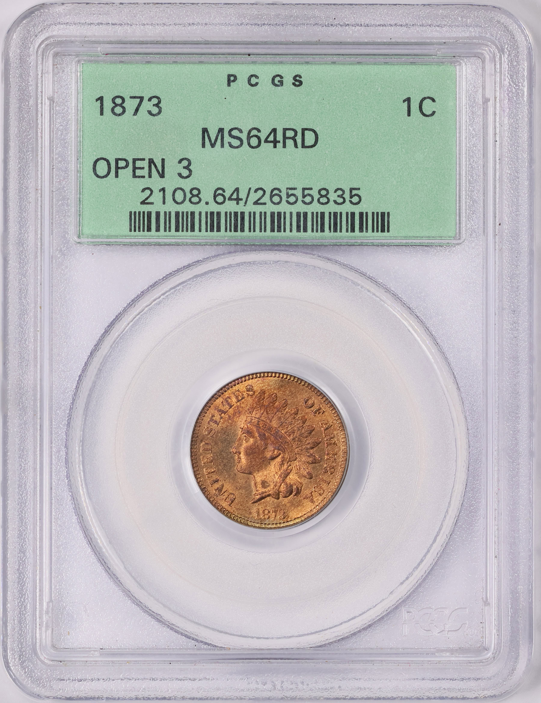 1873 Indian Cent Open 3 PCGS MS-64 RD OGH (Item 1717504) | GreatCollections Coin Auctions