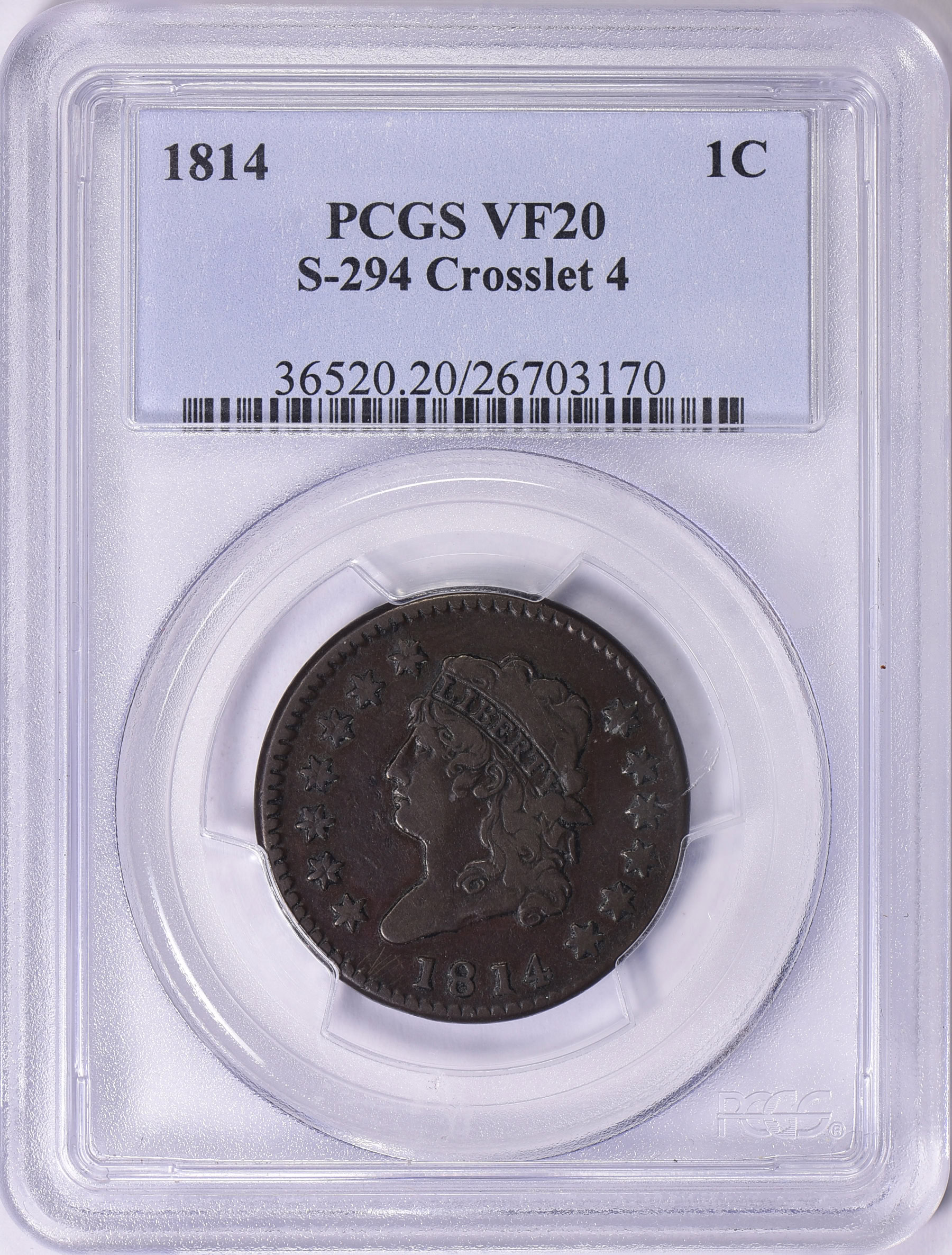 1814 Classic Cent Crosslet 4 Sheldon 294 PCGS VF-20 BN (Item 1717526) | GreatCollections Coin ...