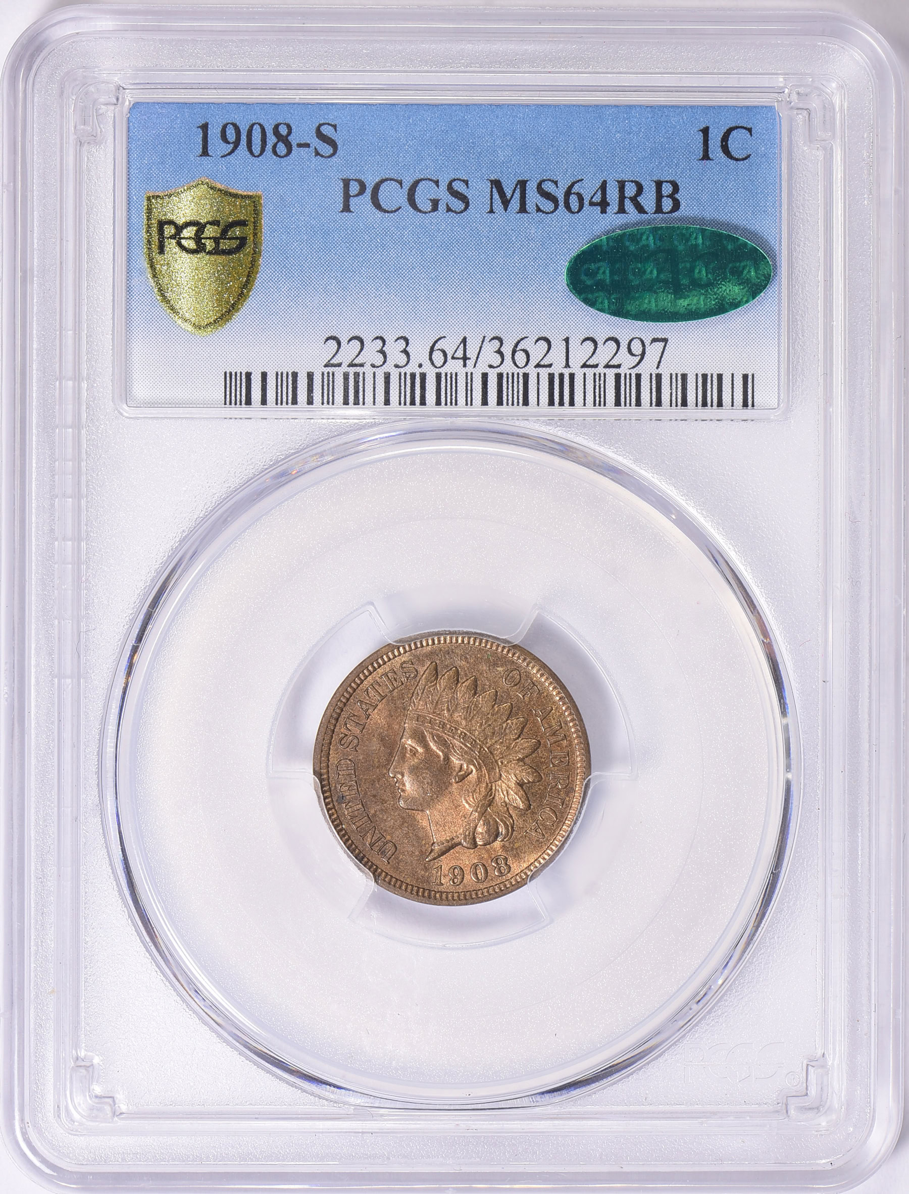 1908-S Indian Cent PCGS MS-64 RB (CAC Green) (Item 1717542) | GreatCollections Coin Auctions