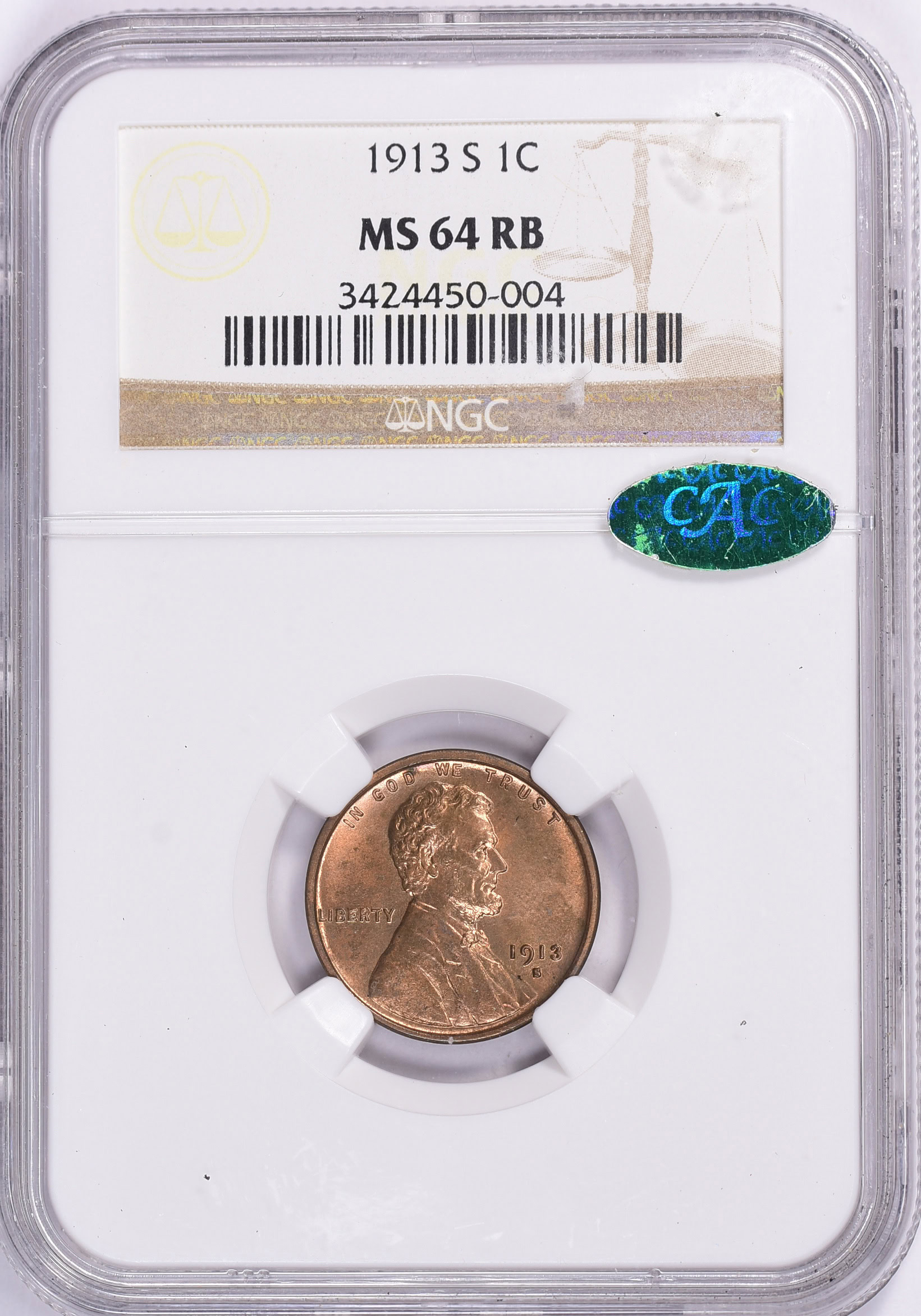 1913-S Lincoln Cent NGC MS-64 RB (CAC Green) (Item 1717562) | GreatCollections Coin Auctions
