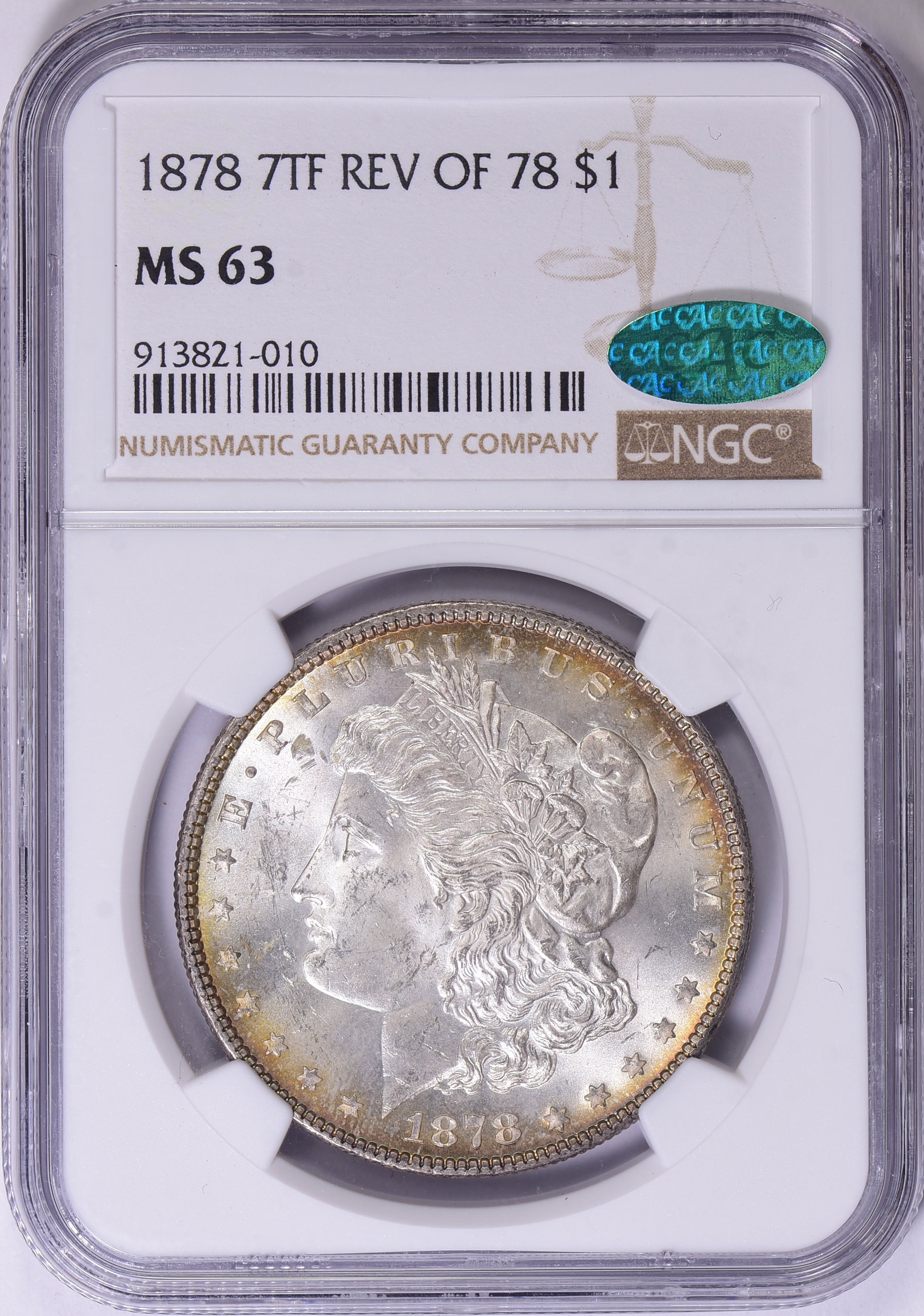 1878 Morgan Silver Dollar 7 Tailfeathers, Reverse of 1878 NGC MS-63 (CAC Green) (Toned) (Item ...