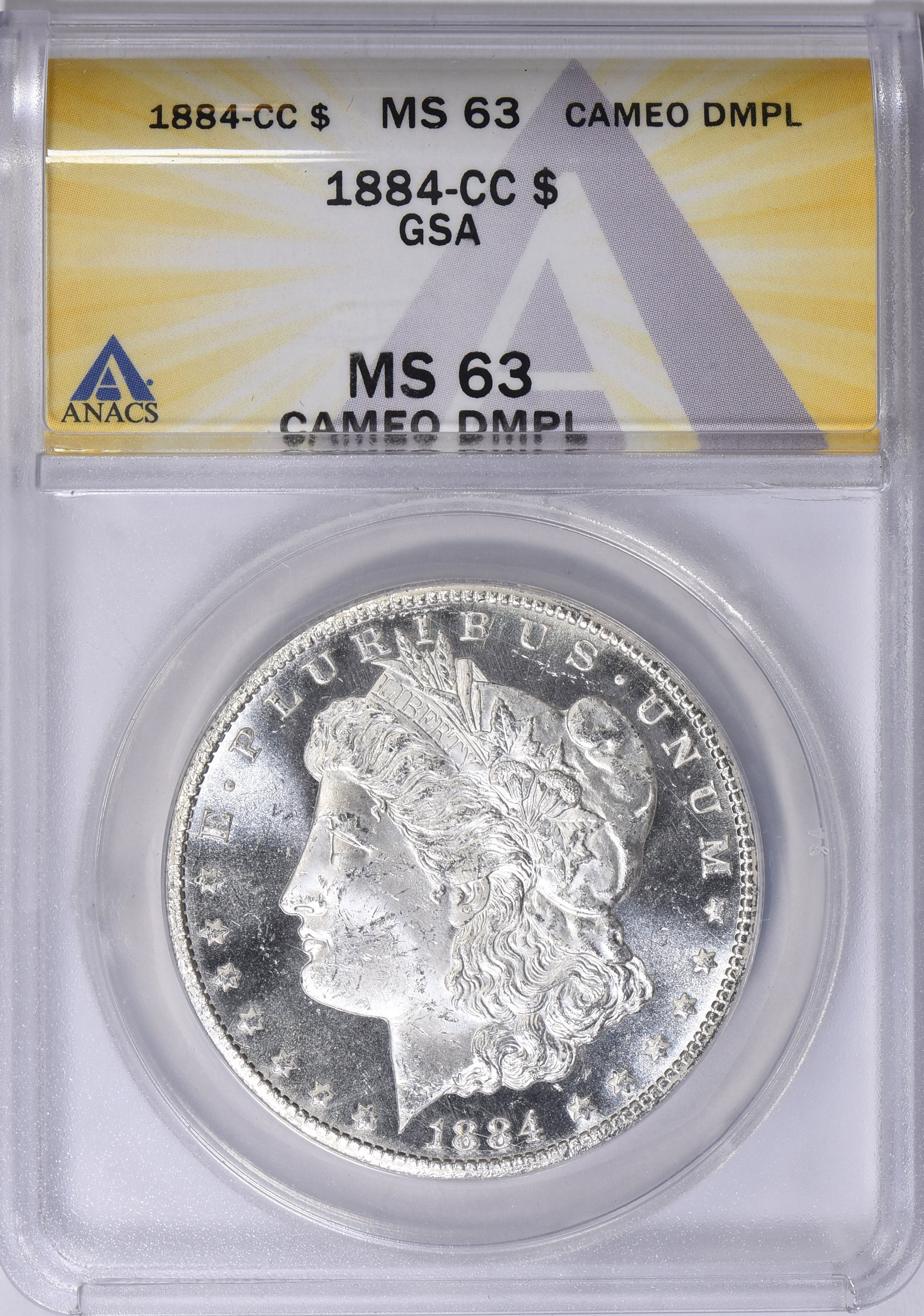 1884-CC Morgan Silver Dollar GSA Hoard ANACS MS-63 CAMEO DMPL (Item 1717600) | GreatCollections ...