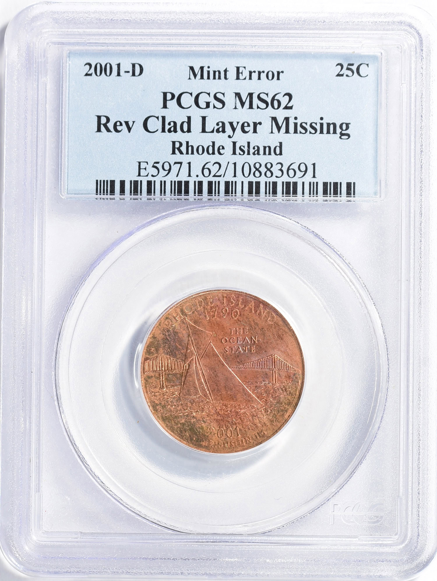 Mint Error 2001-D State Quarter Rhode Island Reverse Clad Layer Missing PCGS MS-62 | PCGS Cert ...