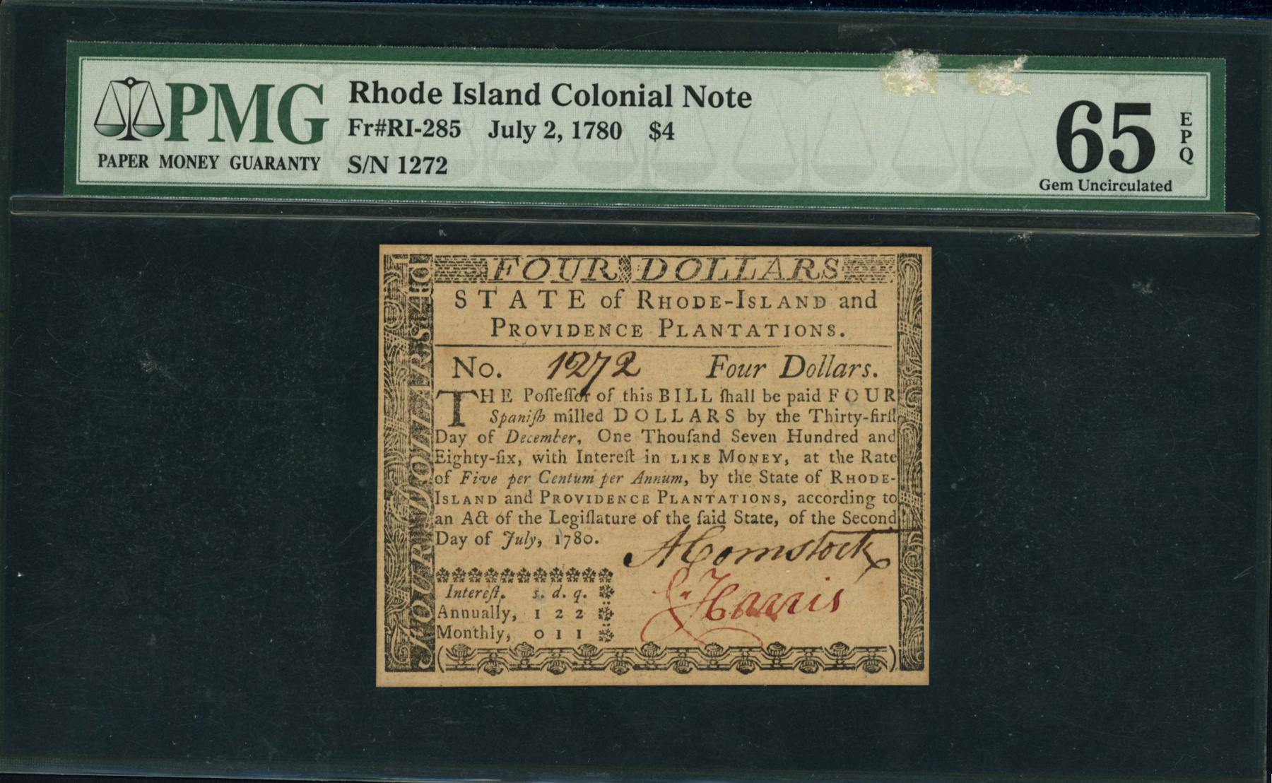 Fr. RI-285 Jul. 2, 1780 $4 Rhode Island Colonial Note PMG Gem ...