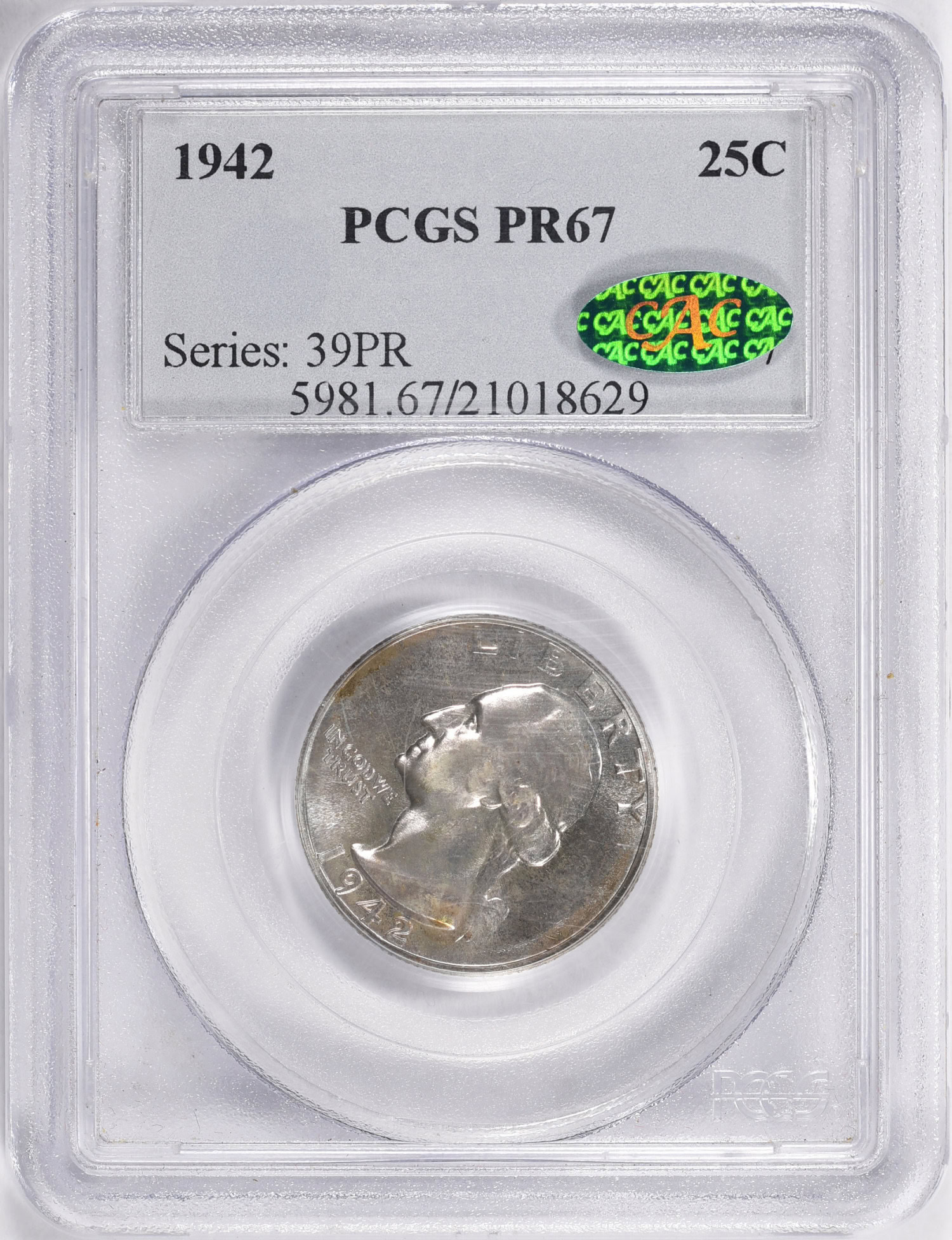 1942 Washington Quarter PCGS Proof-67 (CAC Green) (Item 1717812) | GreatCollections Coin Auctions