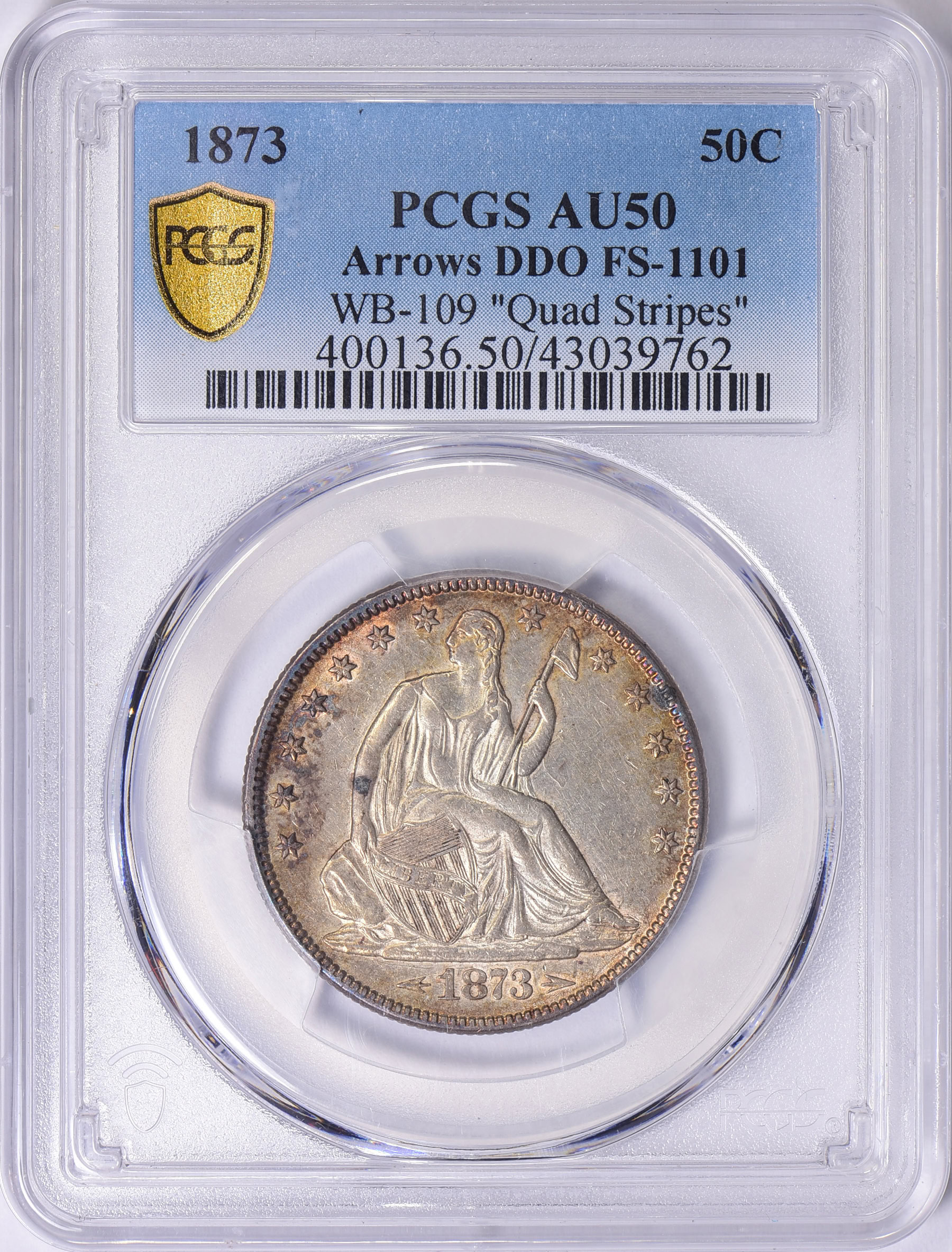 1873 Seated Liberty Half Dollar Arrows, Doubled Die Obverse, WB-109 FS-1101 PCGS AU-50 (Item ...