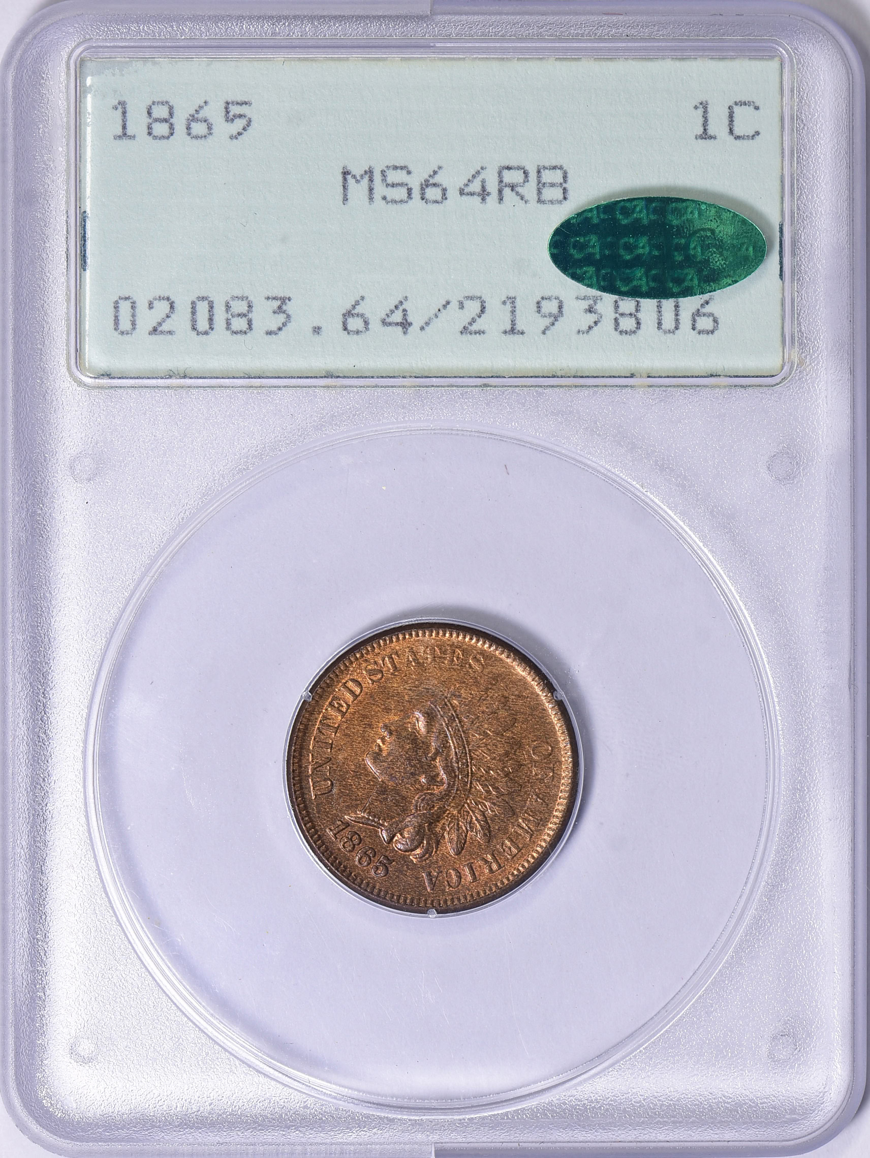 1865 Indian Cent PCGS MS-64 RB (CAC Green) OGH (1st Gen) (Item 1717863) | GreatCollections Coin ...