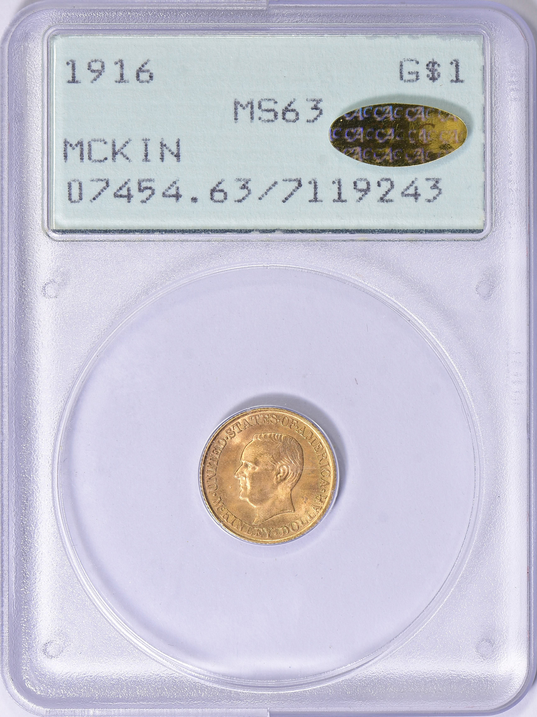 1916 McKinley Gold Dollar PCGS MS-63 (CAC Gold) OGH (1st Gen) (Item ...