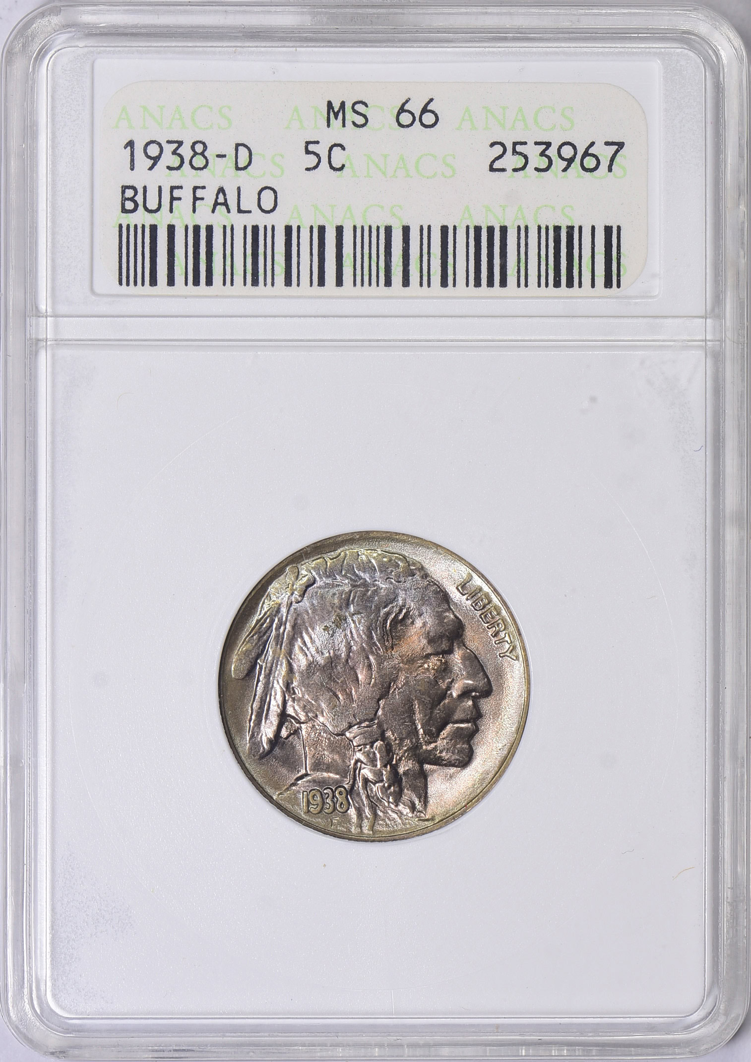1938-D Buffalo Nickel ANACS MS-66 OH (Toned) (Item 1717988) | GreatCollections Coin Auctions
