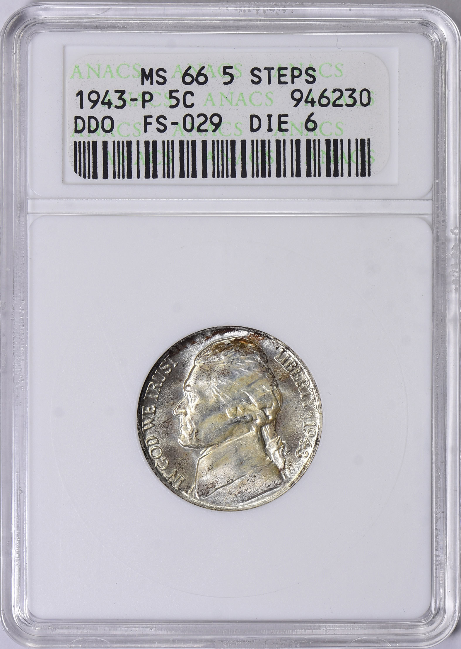 1943-P Jefferson Nickel Doubled Die Obverse FS-029 Die 6 ANACS MS-66 5 Steps OH (Item 1718000 ...