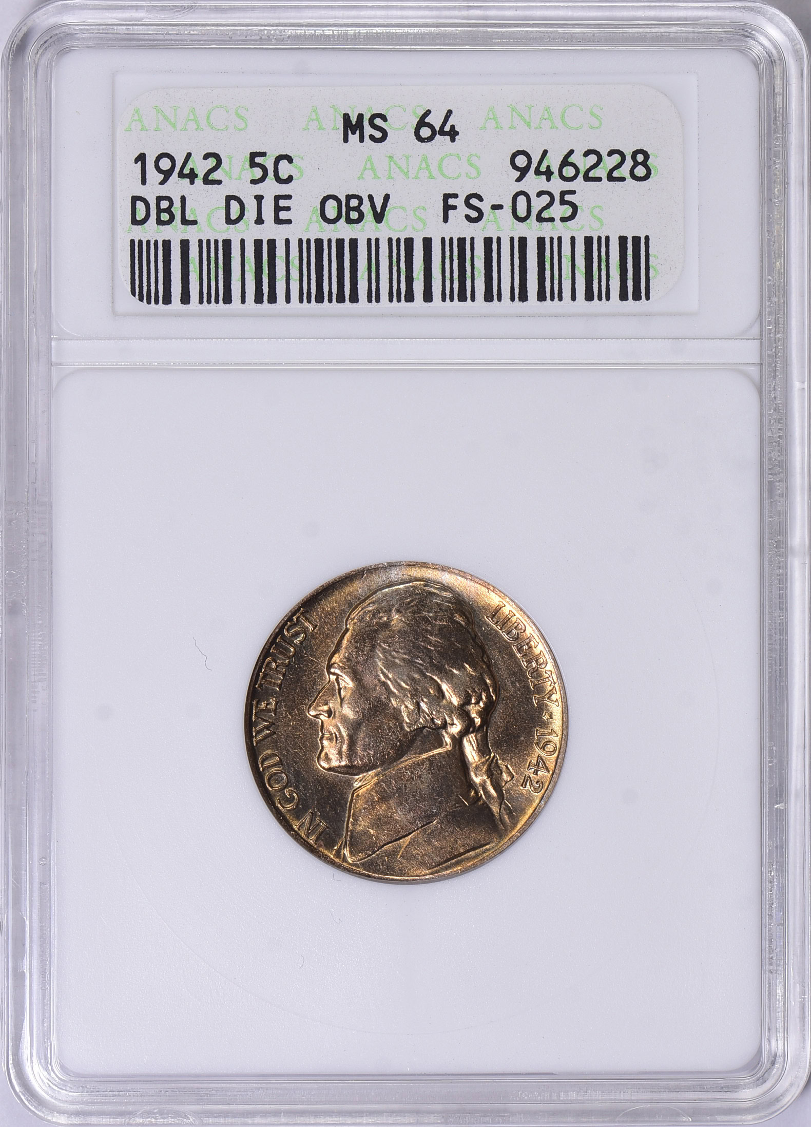 1942 Jefferson Nickel DDO FS-025 ANACS MS-64 OH (Item 1718009) | GreatCollections Coin Auctions