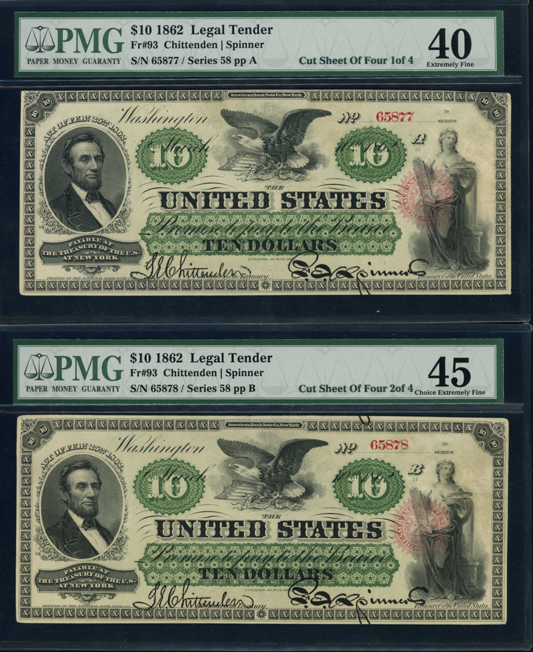 Fr. 93 1862 $10 Legal Tender Notes Series 38 Sequential Serial Number ...