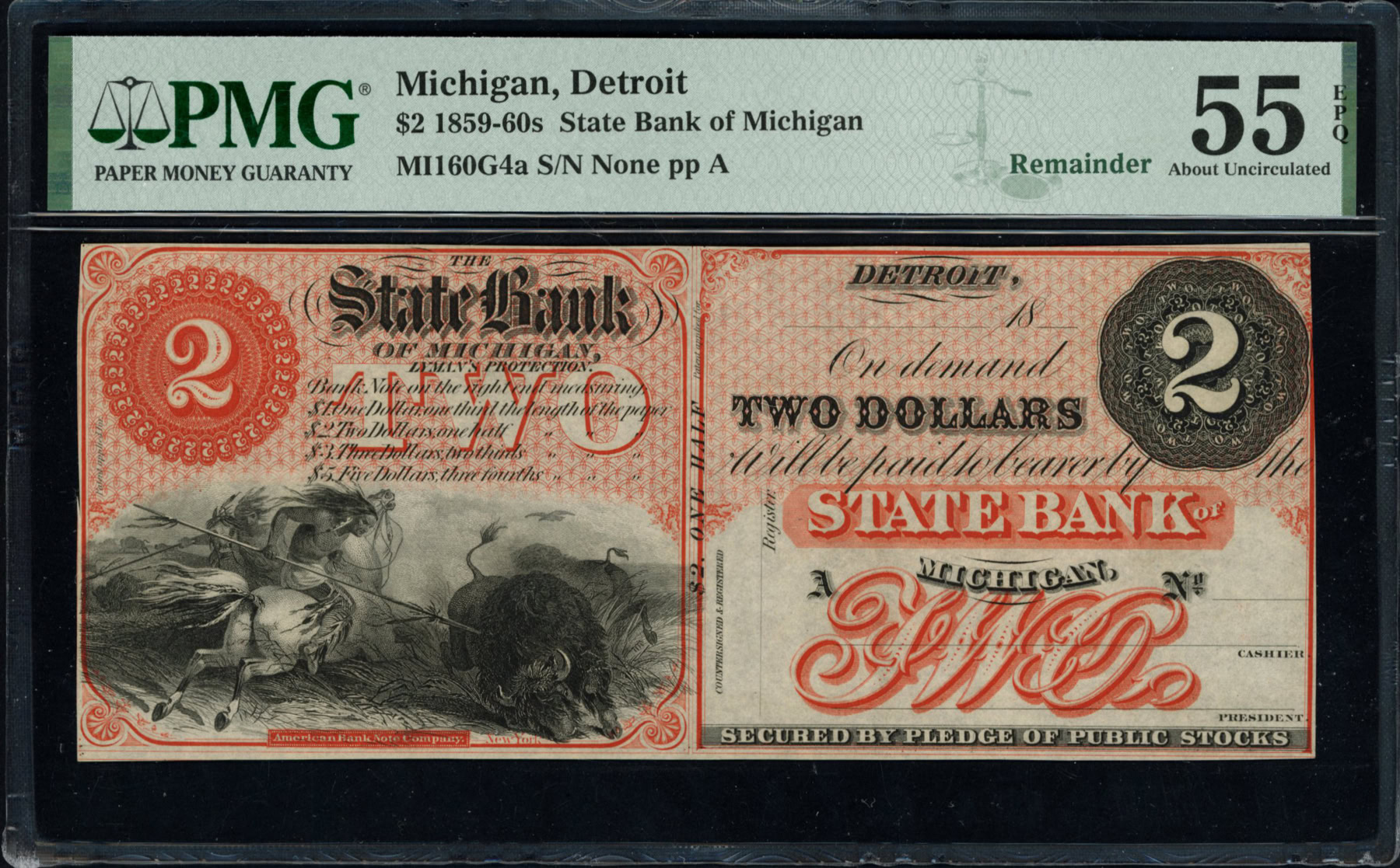 1859-60s Detroit, Michigan State Bank of Michigan $2 Remainder Note PMG ...