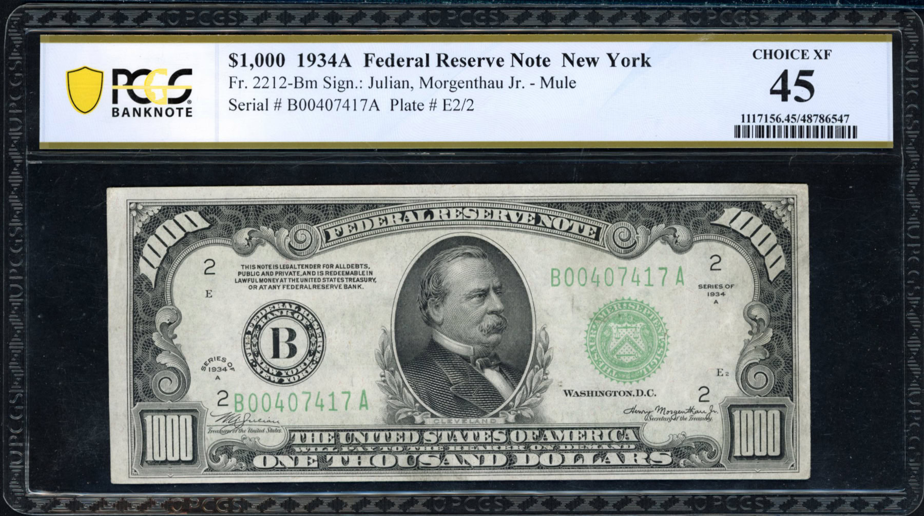 Fr. 2212-Bm (BA Block) 1934A $1,000 New York Federal Reserve Mule Note ...