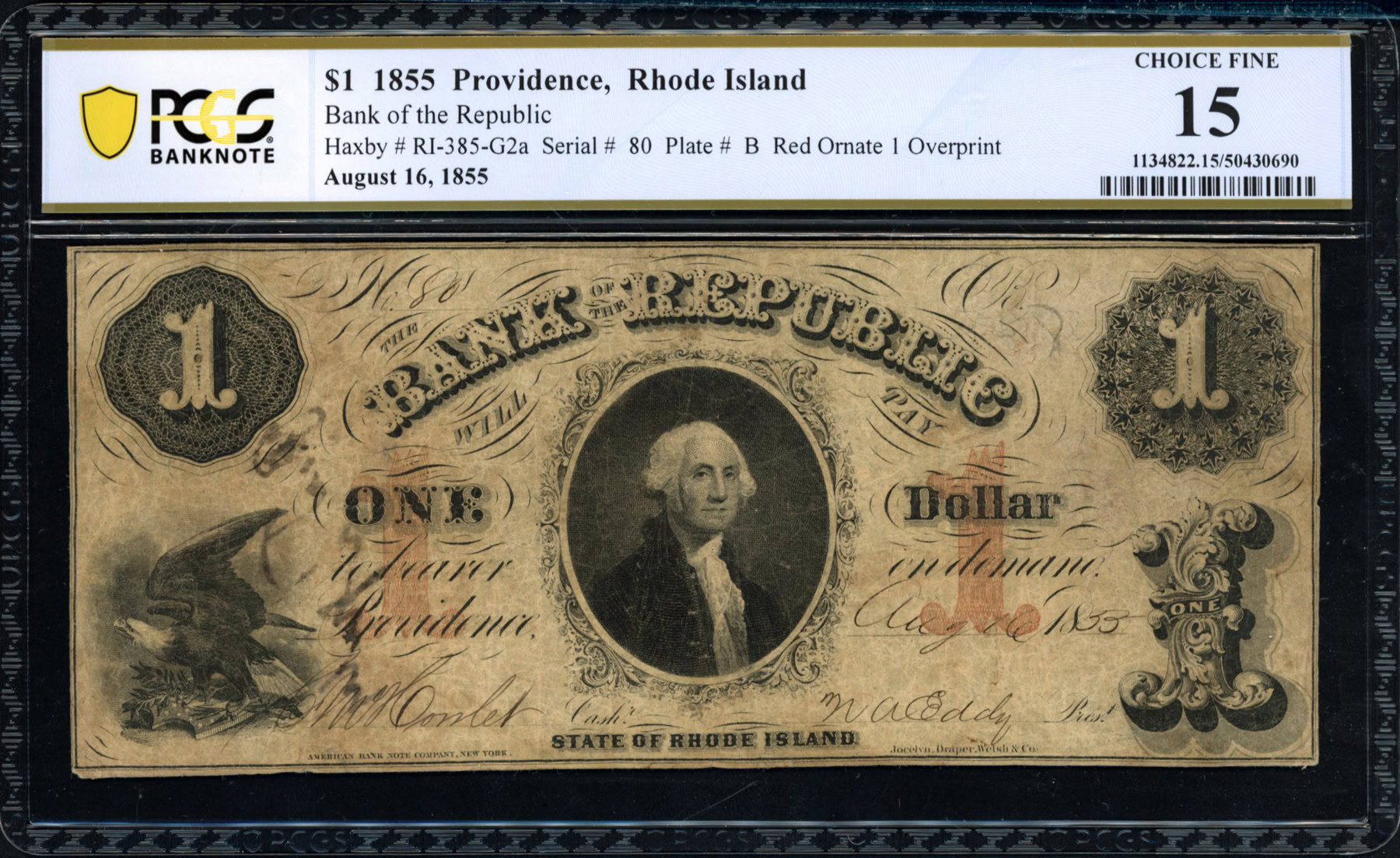 Aug. 16, 1855 Providence, Rhode Island Bank of the Republic $1 Note ...