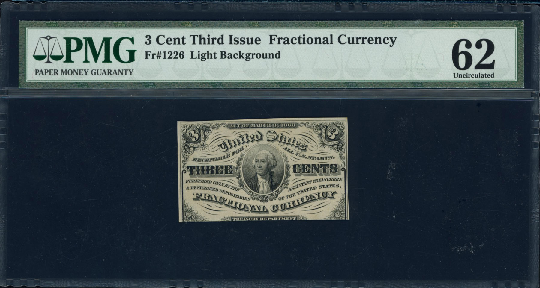 Fr. 1226 Third Issue 3 Cents Fractional Currency Note Light Background ...