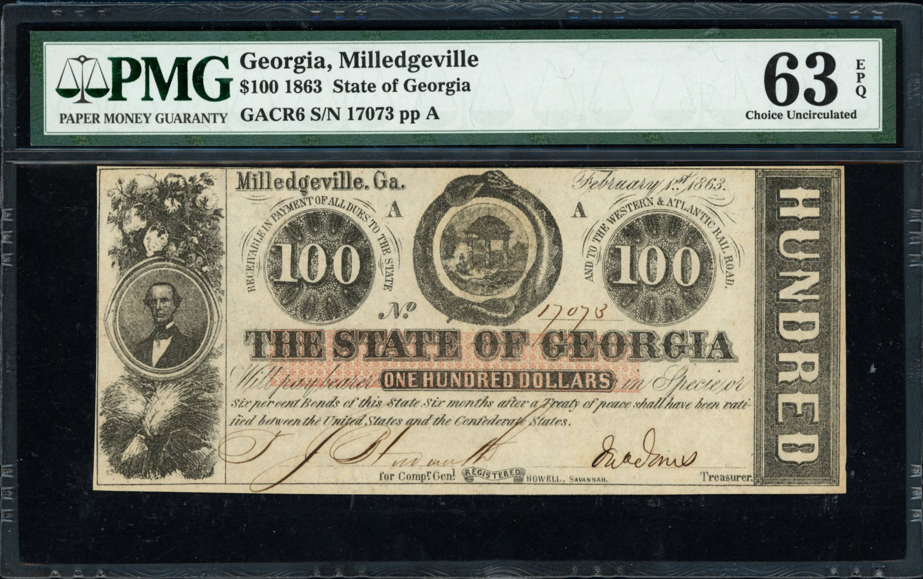 1863 Milledgeville, Georgia State of Georgia $100 Note PMG Choice ...