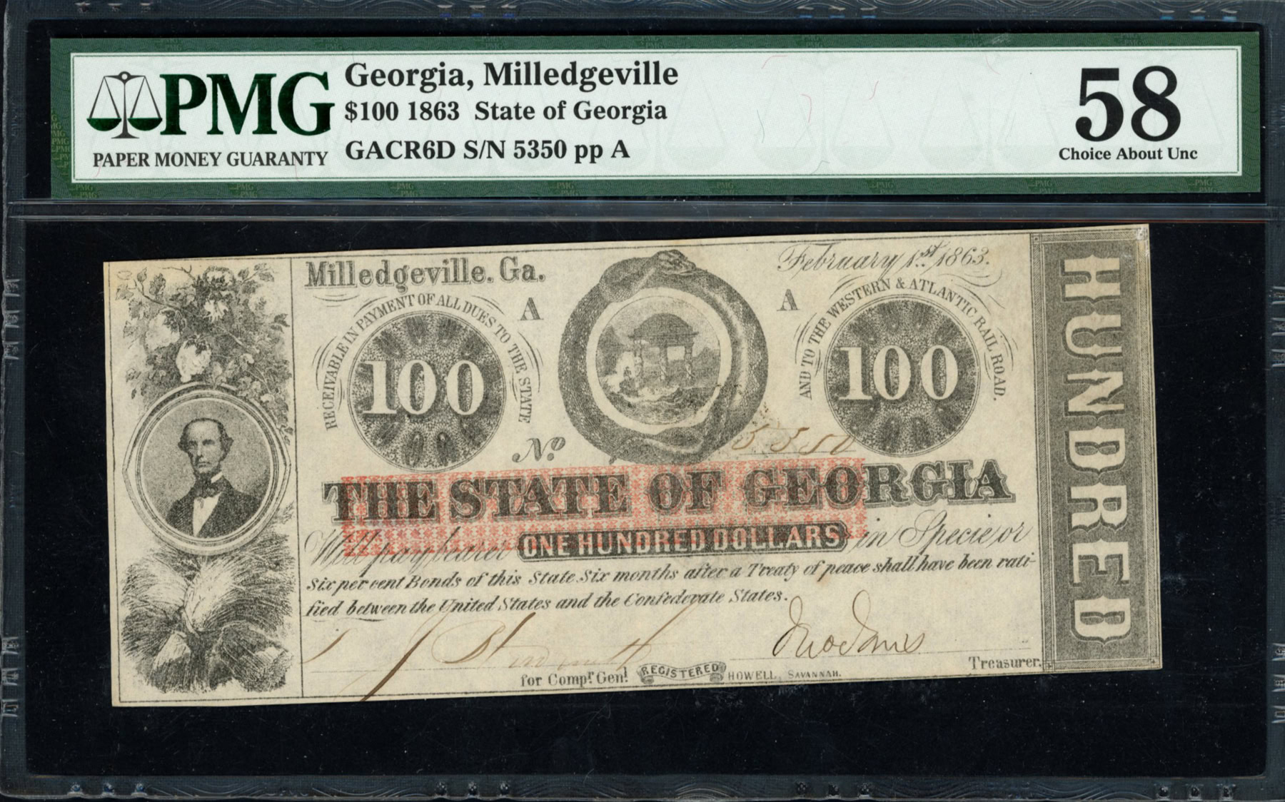 1863 Milledgeville, Georgia State of Georgia $100 Note PMG Choice About ...