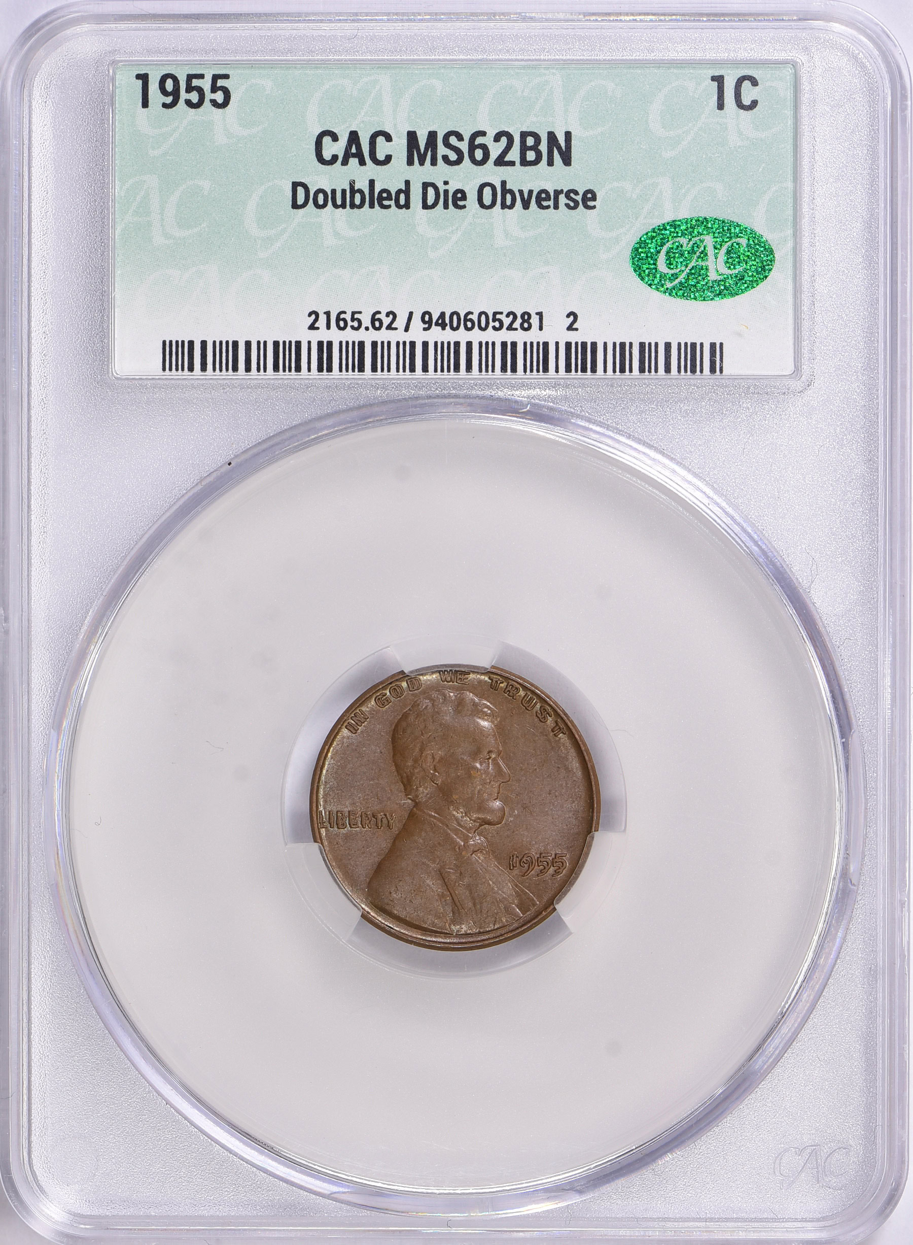 1955 Lincoln Cent Doubled Die Obverse CACG MS-62 BN (Item 1718116) | GreatCollections Coin Auctions