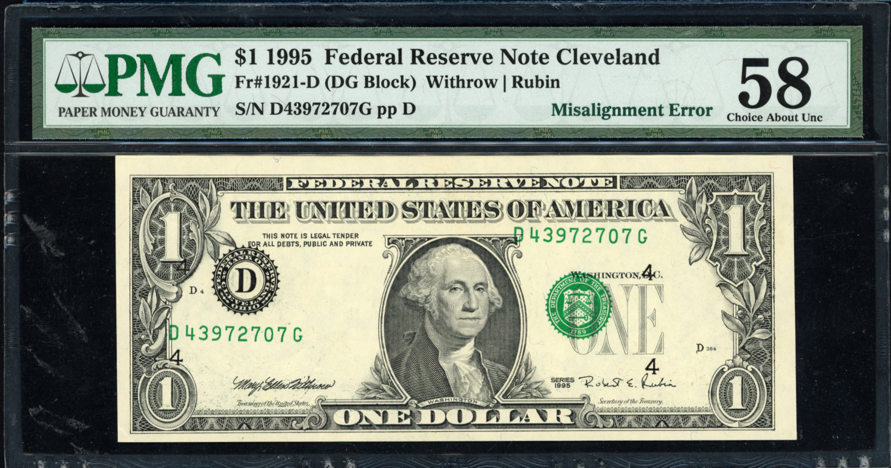 Fr. 1921-D (DG Block) 1995 $1 Cleveland Federal Reserve Error Note ...