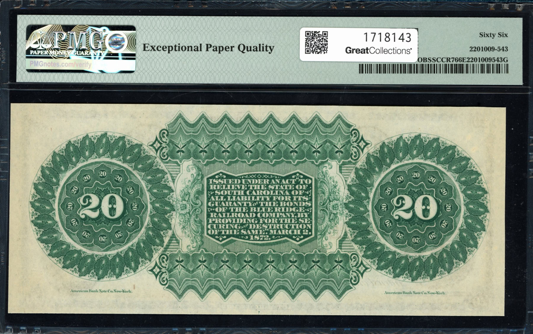1872 Columbia, South Carolina State of South Carolina $20 Note PMG Gem ...