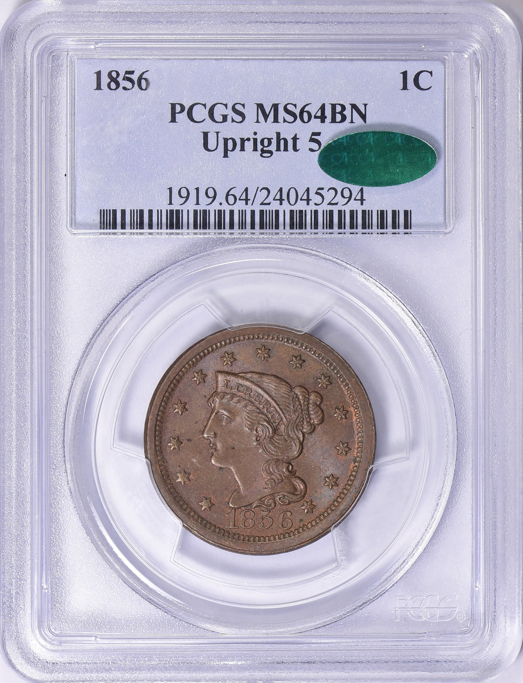 1856 Braided Hair Cent Upright 5 PCGS MS-64 BN (CAC Green) (Item 1718152) | GreatCollections ...