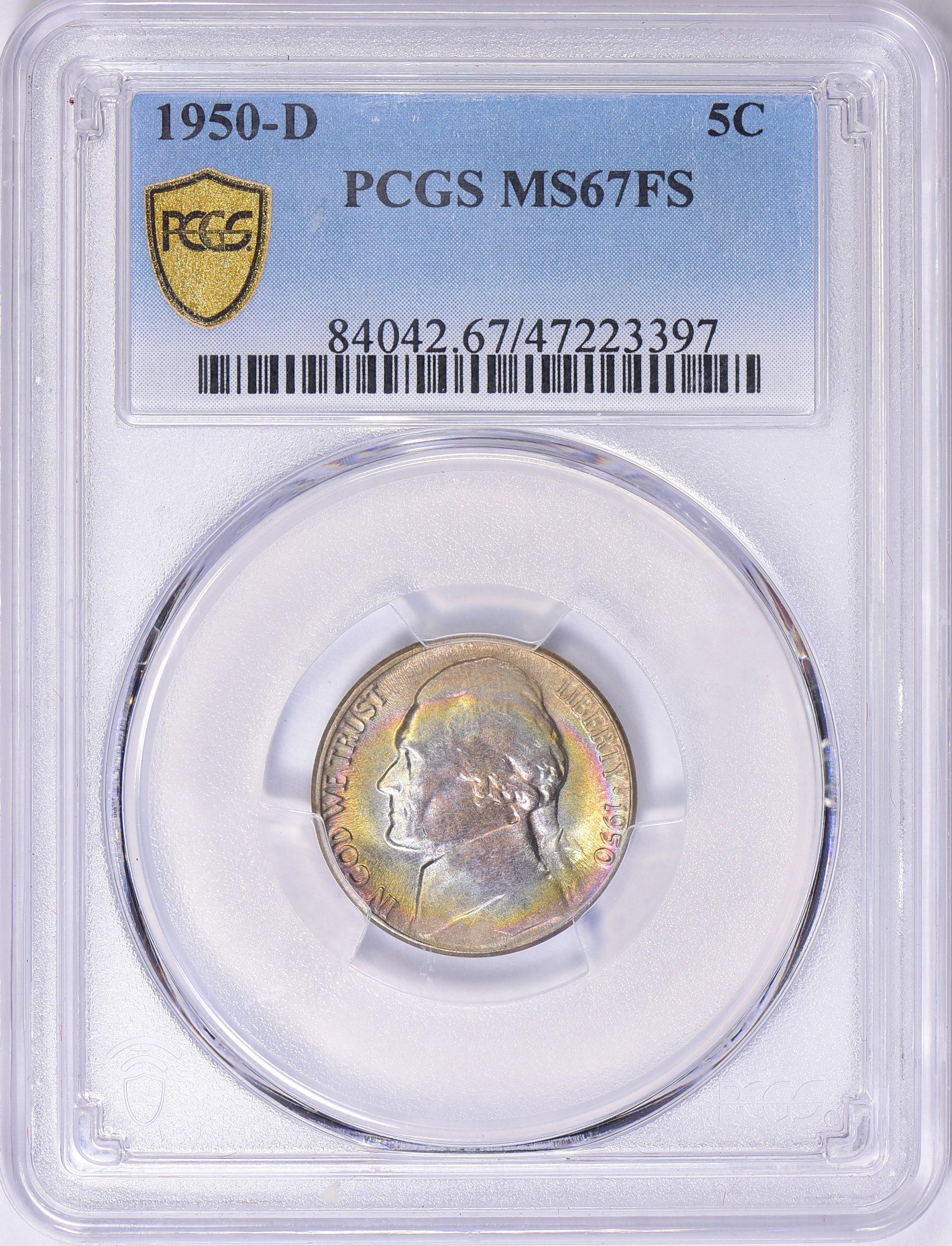1950-D Jefferson Nickel PCGS MS-67 FS (Toned) (Item 1718178) | GreatCollections Coin Auctions