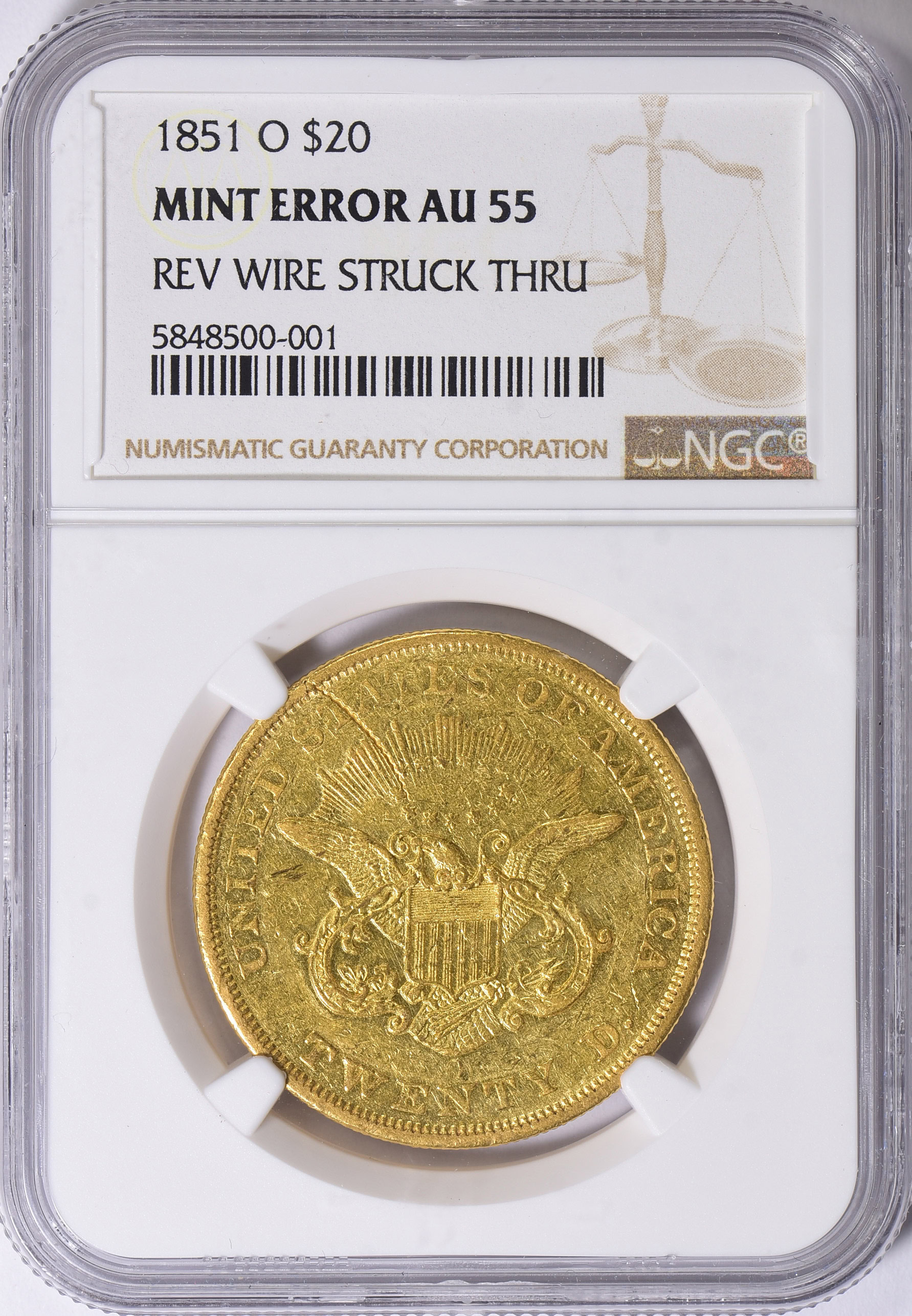 Mint Error 1851-O Liberty Gold Double Eagle Reverse Wire Struck Through NGC AU-55 (Item 1718302 ...