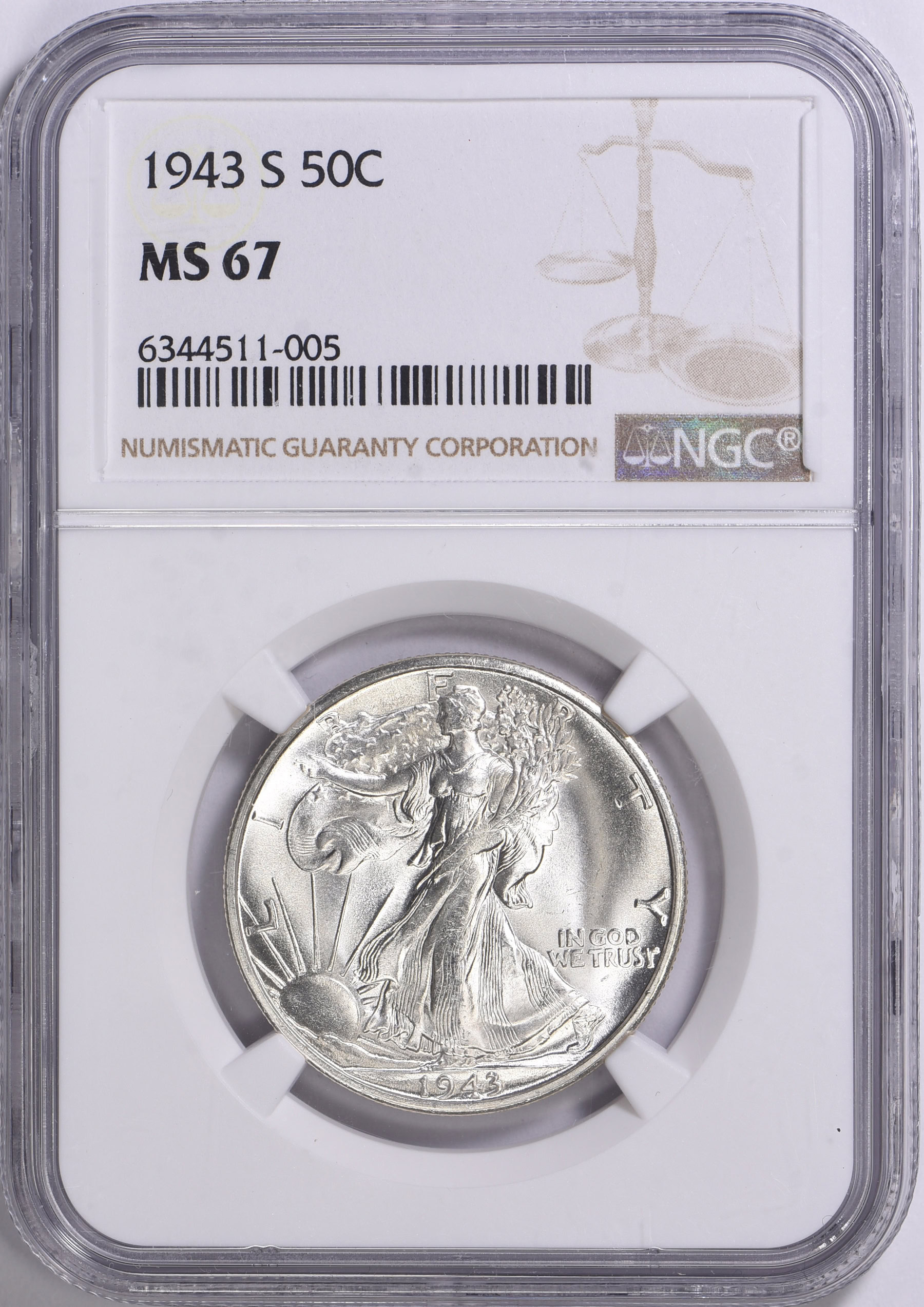 1943-S Walking Liberty Half Dollar NGC MS-67 (Item 1718338) | GreatCollections Coin Auctions