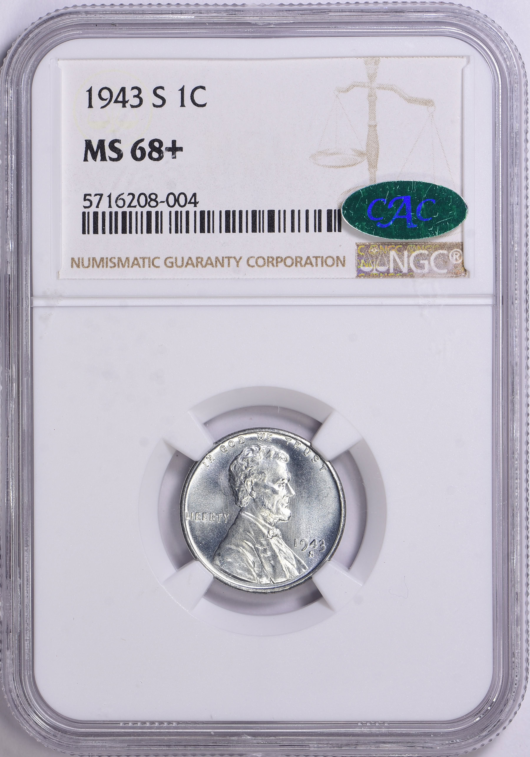 1943-S Lincoln Cent NGC MS-68+ (CAC Green) (Item 1718412 ...