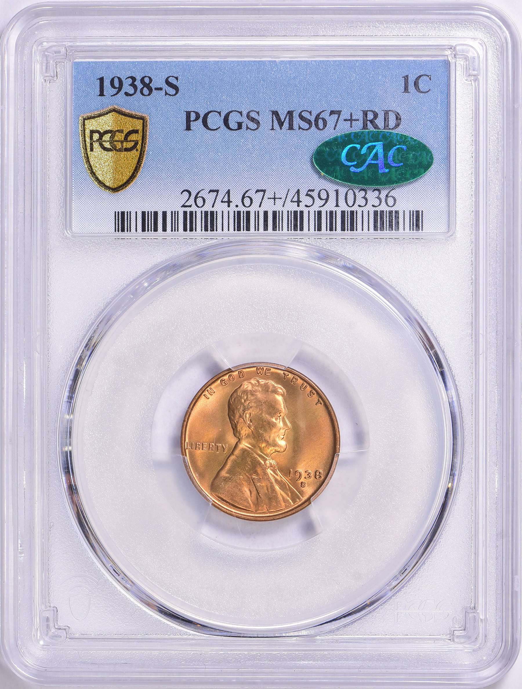 1938-S Lincoln Cent PCGS MS-67+ RD (CAC Green) (Item 1718488) | GreatCollections Coin Auctions