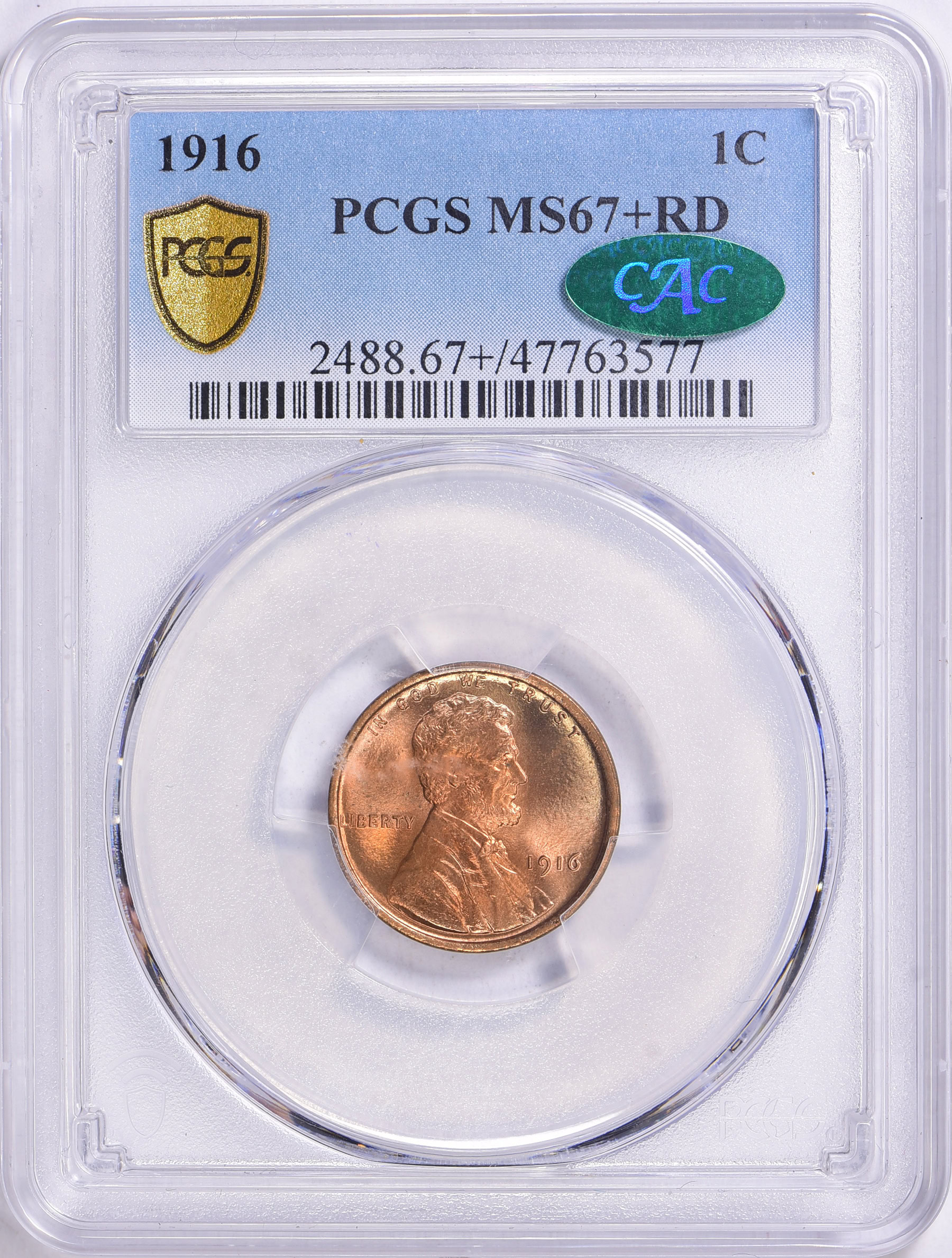 1916 Lincoln Cent PCGS MS-67+ RD (CAC Green) (Item 1718501) | GreatCollections Coin Auctions