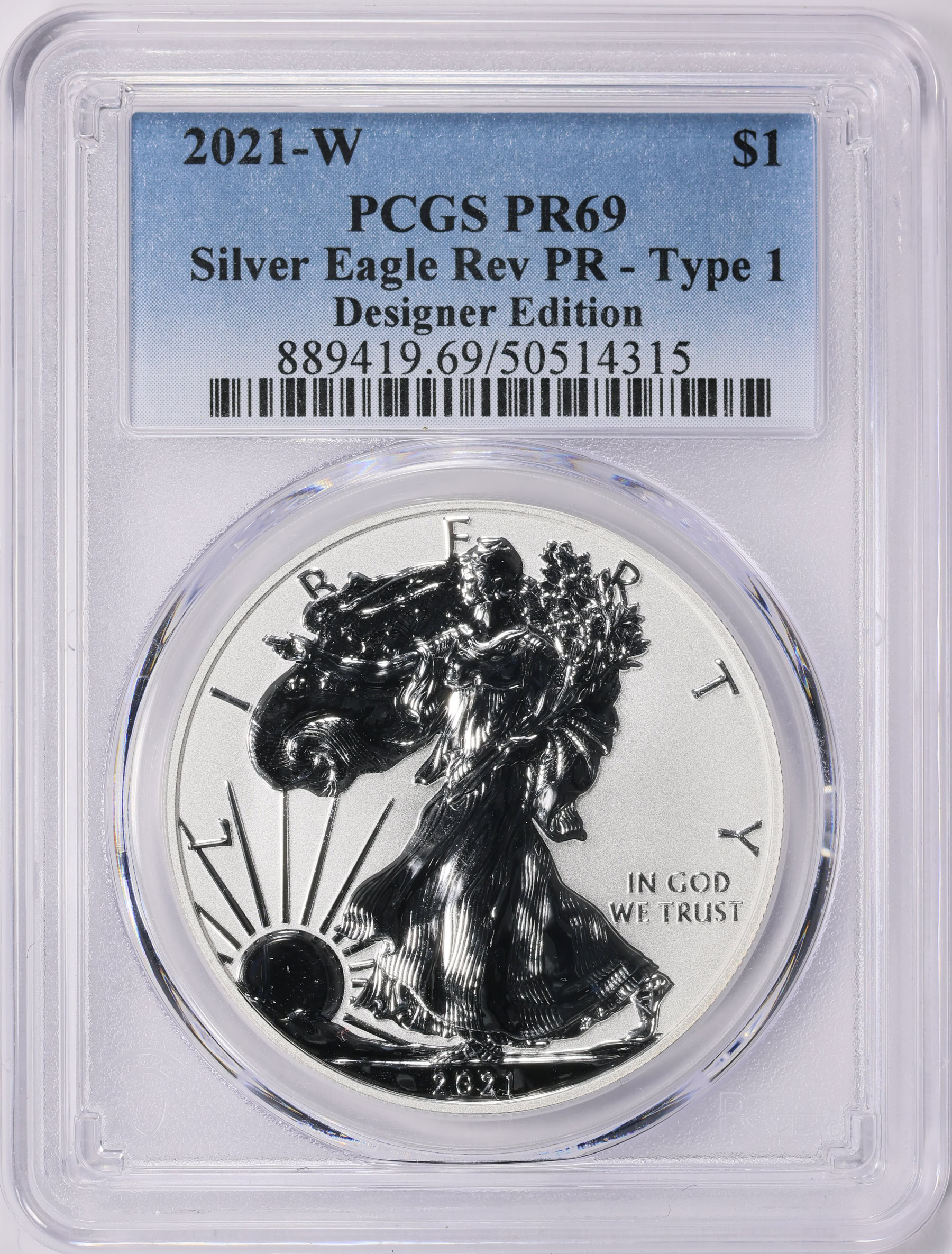 2021-W $1 Silver Eagle Reverse Proof Type 1 Designer Edition PCGS Proof-69 (Item 1718538 ...