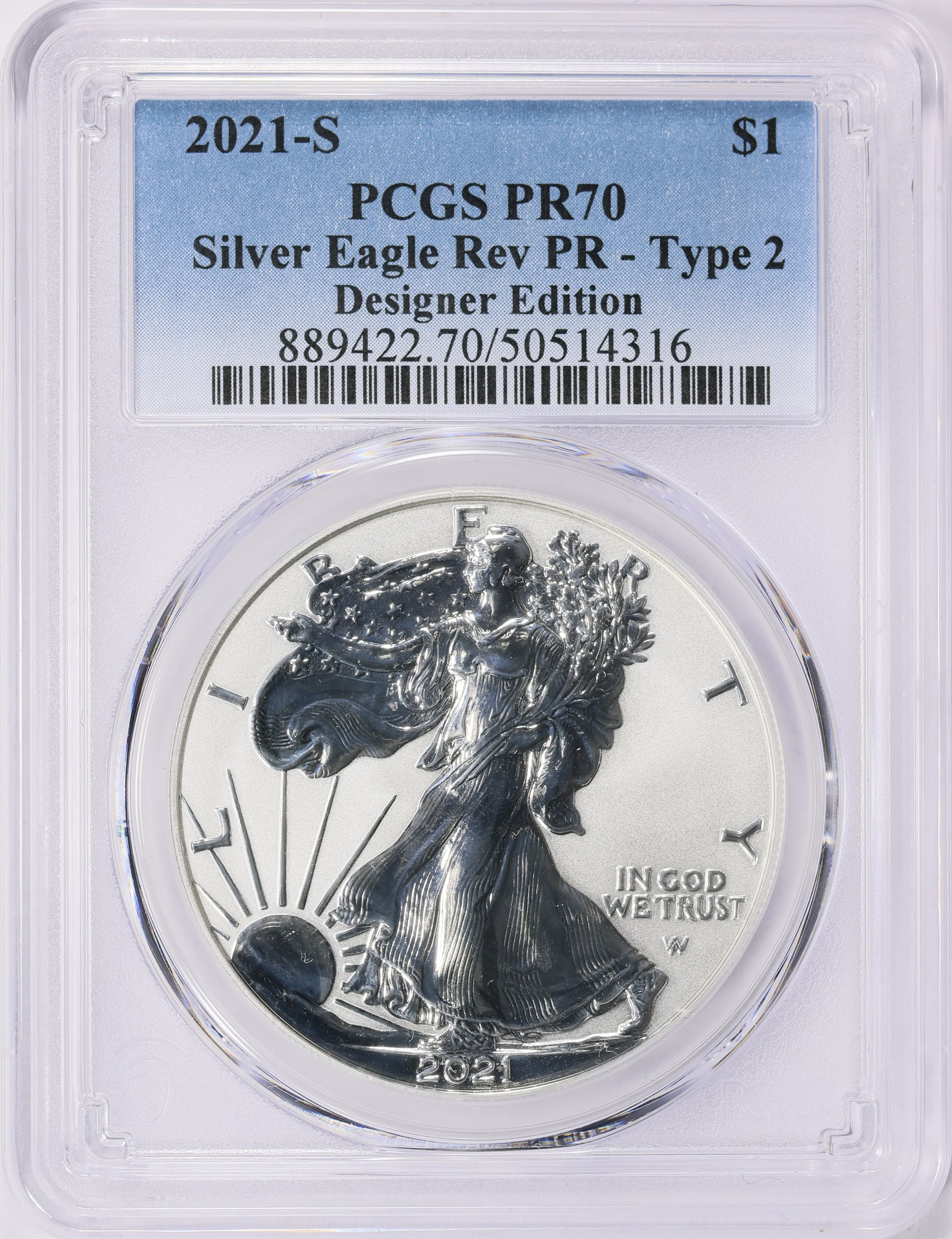 2021-S $1 Silver Eagle Reverse Proof Type 2 Designer Edition PCGS Proof-70 (Item 1718539 ...