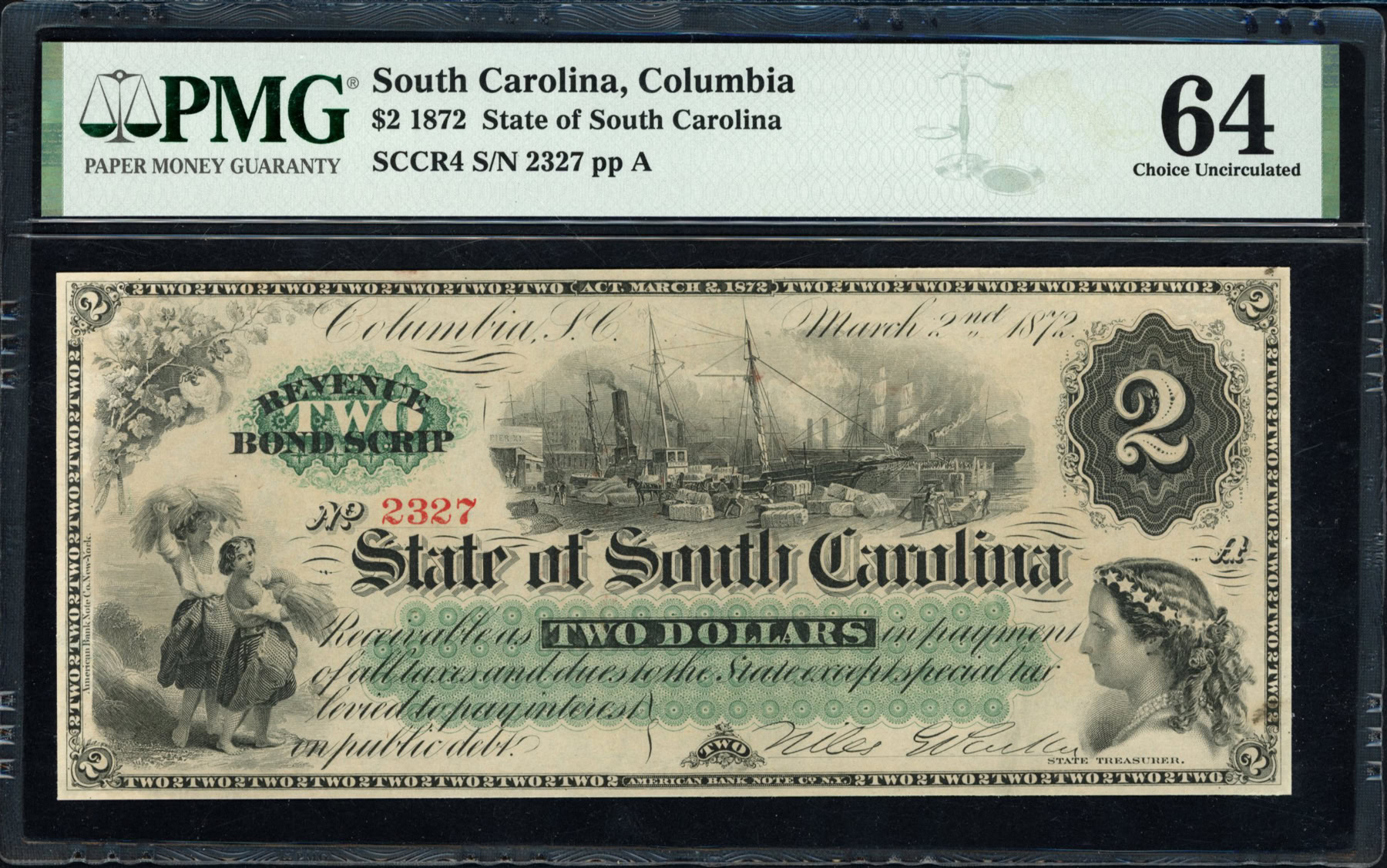 1872 Columbia, South Carolina State of South Carolina $2 Note PMG ...