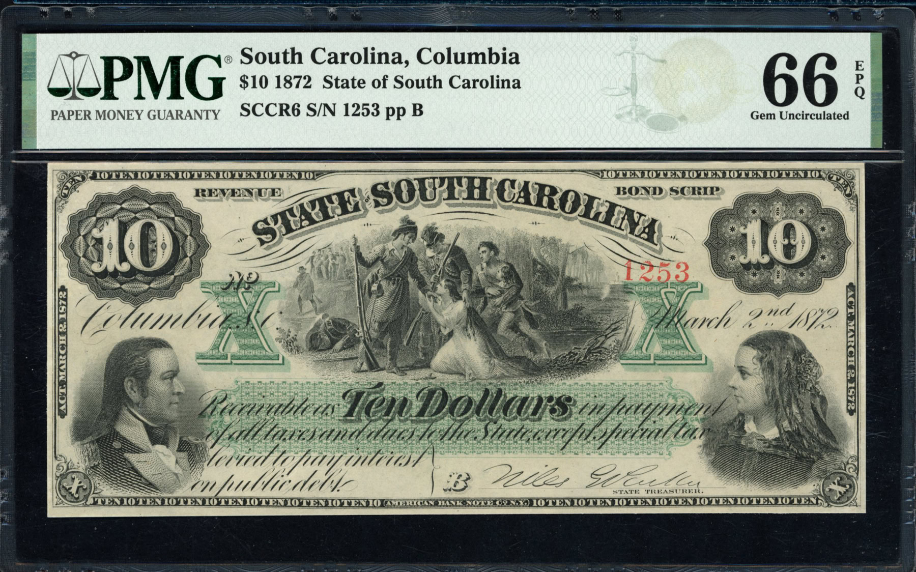 1872 Columbia, South Carolina State of South Carolina $10 Note PMG Gem ...